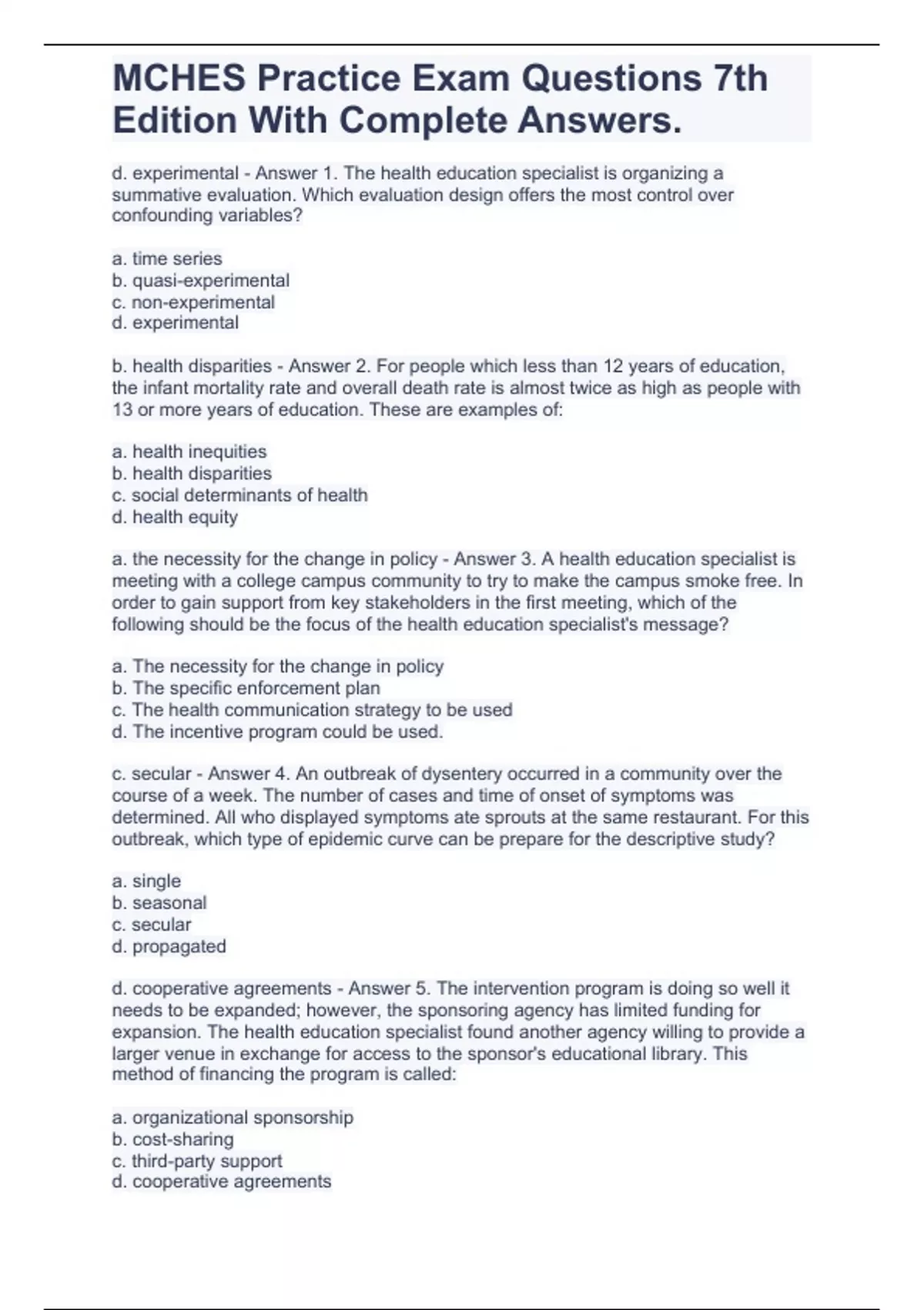 MCHES Practice Exam Questions 7th Edition With Complete Answers ...