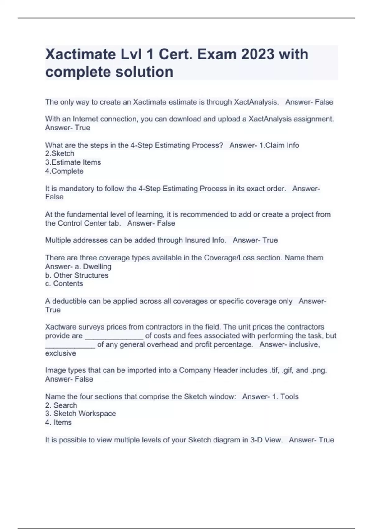 Xactimate Lvl 1 Cert. Exam 2023 with complete solution - Xactimate Lvl ...