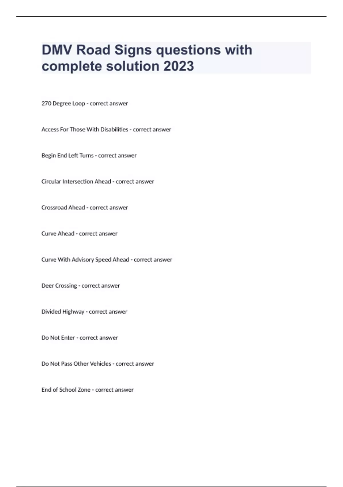 DMV Road Signs questions with complete solution 2023 - DMV - Stuvia UK