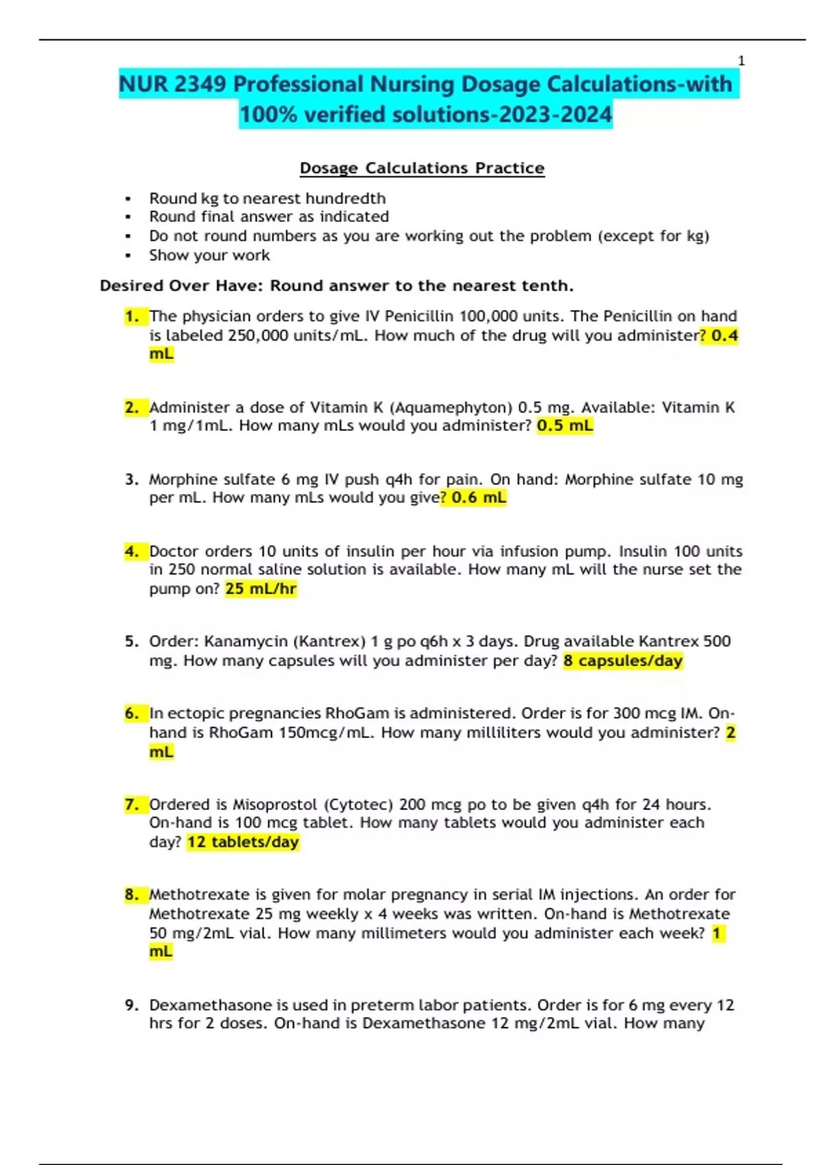 NUR 2349 Professional Nursing Dosage Calculations-with 100% verified ...