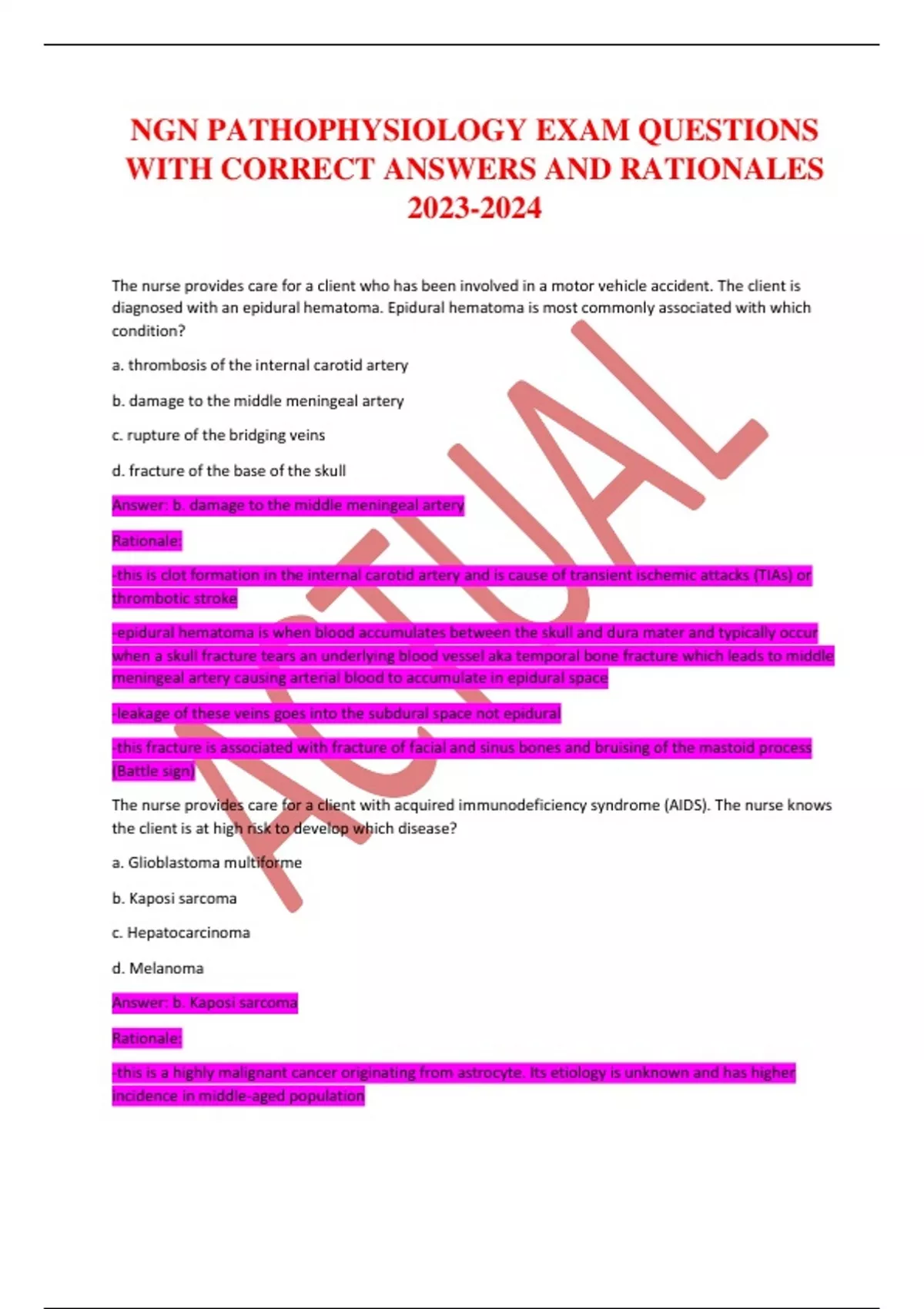NGN PATHOPHYSIOLOGY EXAM QUESTIONS WITH CORRECT ANSWERS AND RATIONALES ...