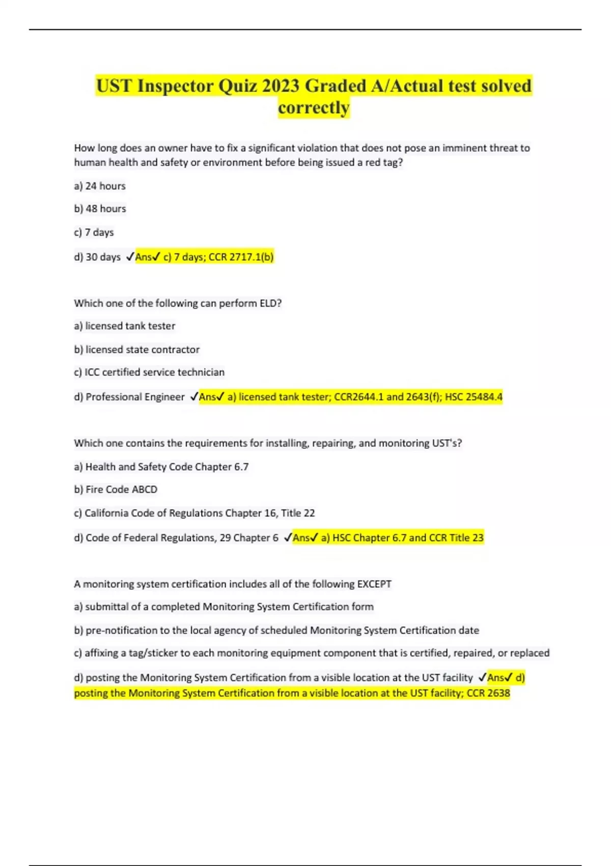 UST Inspector Quiz 2023 Graded A/Actual test solved correctly - UST ...