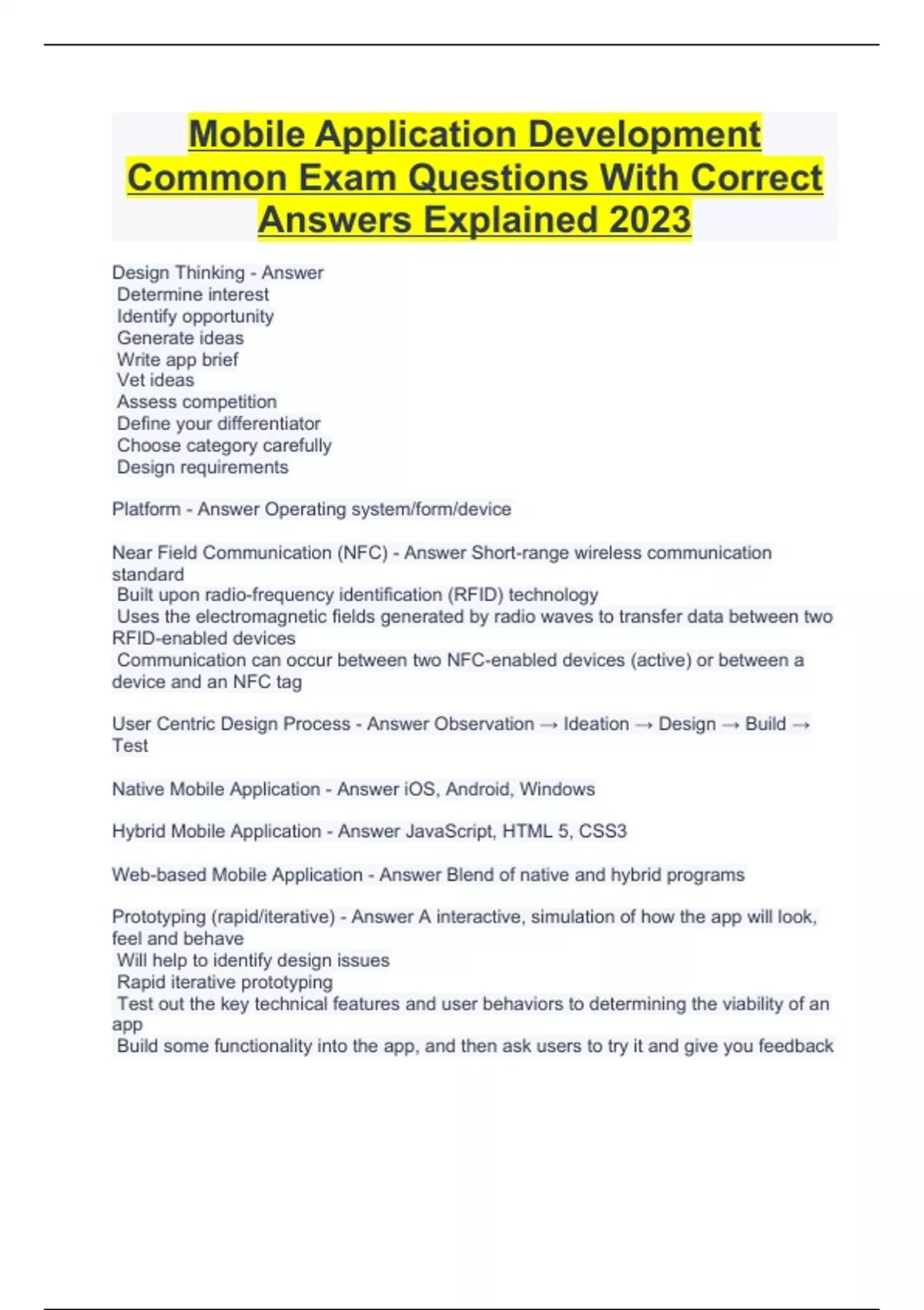 Mobile Application Development Common Exam Questions With Correct ...