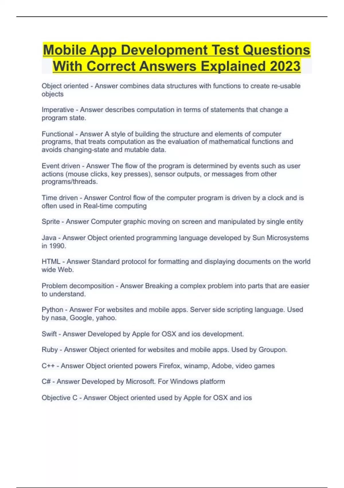 Mobile App Development Test Questions With Correct Answers Explained ...