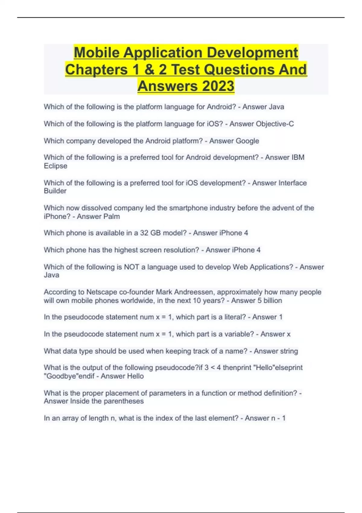 Mobile Application Development Chapters 1 & 2 Test Questions And ...