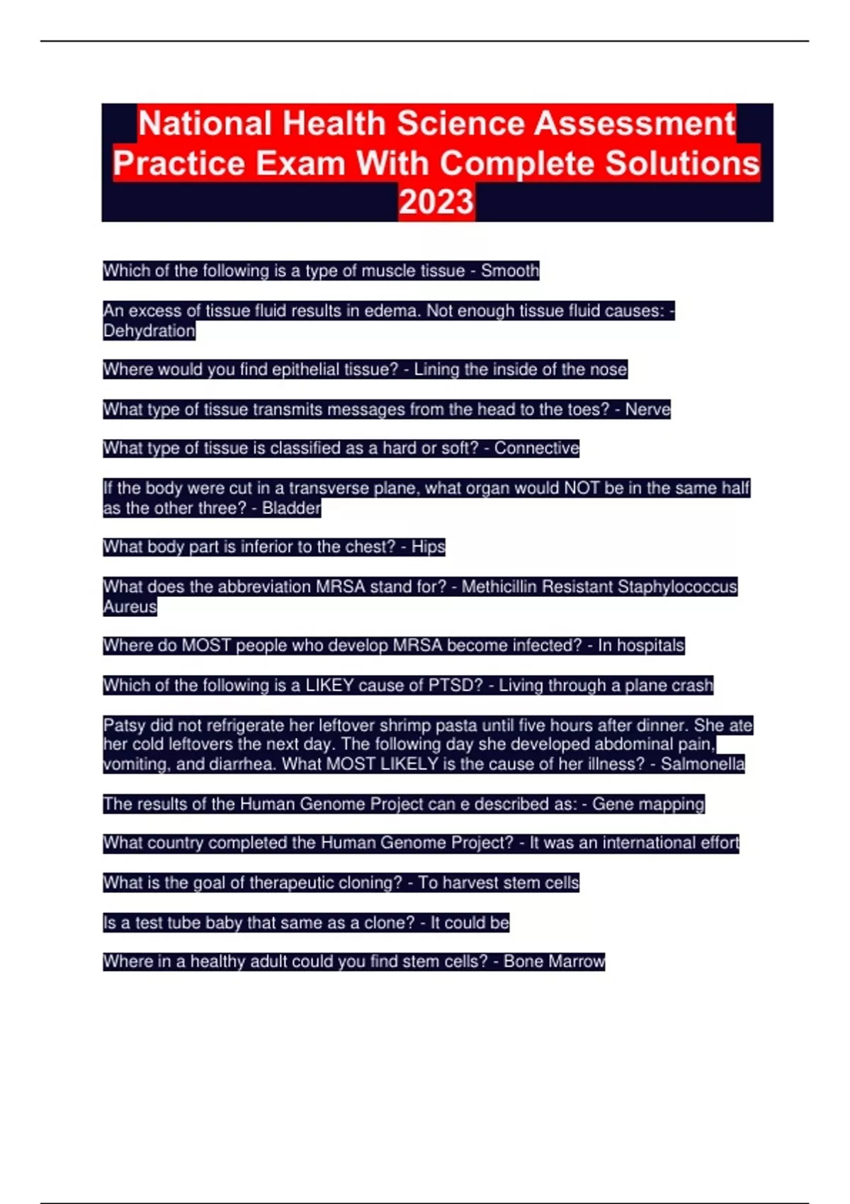 National Health Science Assessment Practice Exam With Complete ...