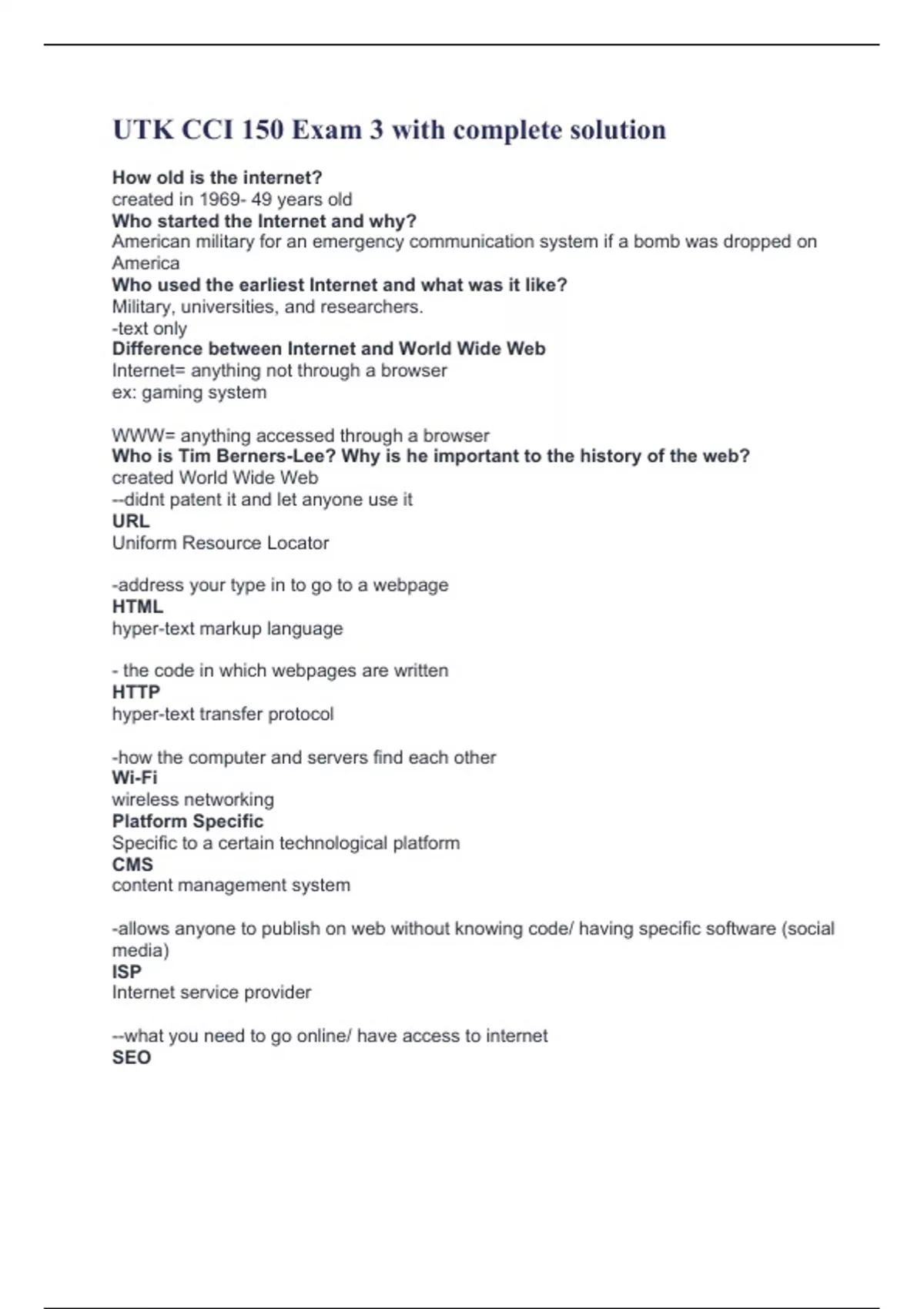 UTK CCI 150 Exam 3 with complete solved solution - UTK CCI 150 - Stuvia US