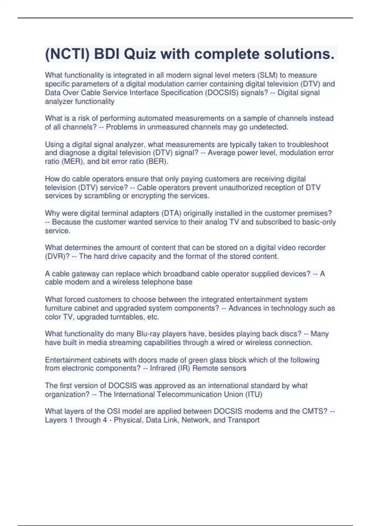 (NCTI) BDI Quiz with complete solutions.| Latest 2023/2024 - BDI ...