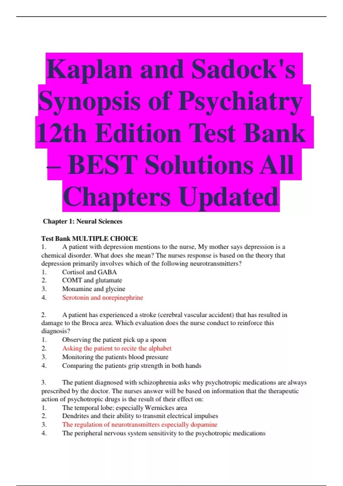 Kaplan and Sadock's Synopsis of Psychiatry 12th Edition Test Bank ...