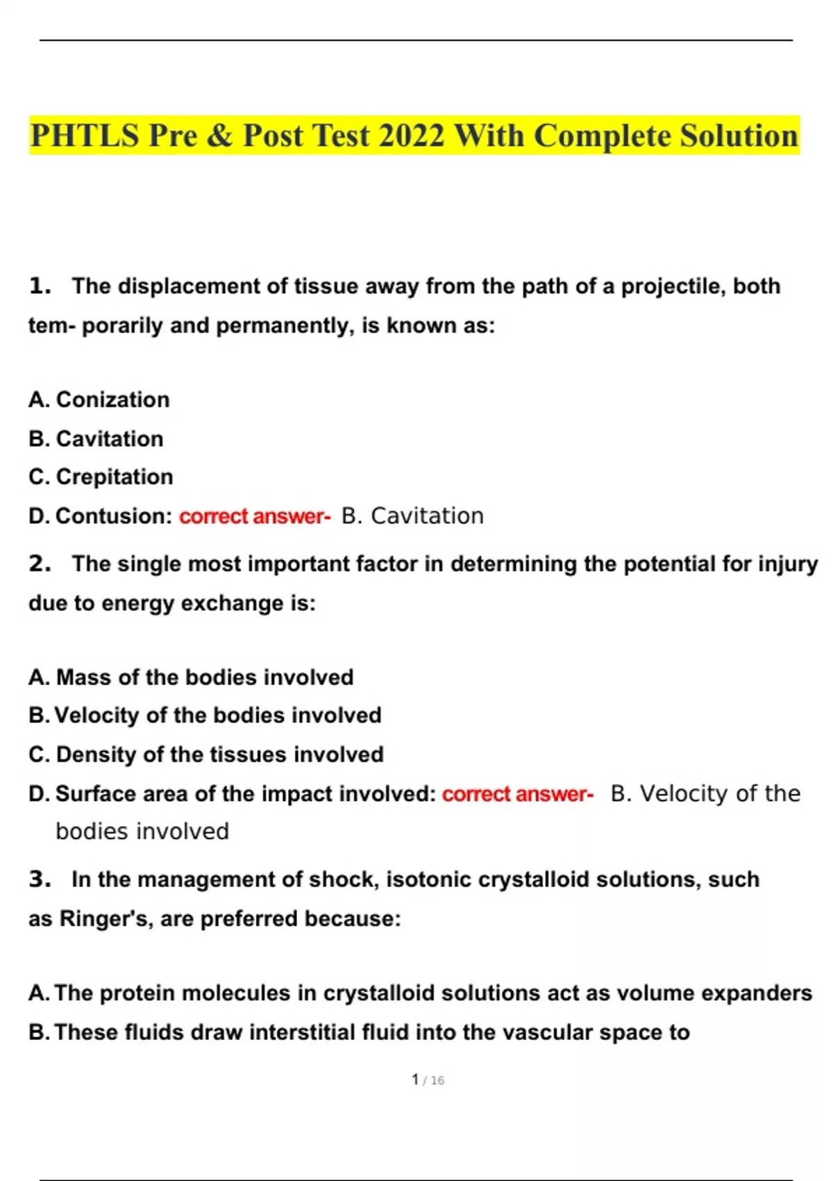 Prehospital Trauma Life Support 2022 ( PHTLS ) Bundled Exams With ...
