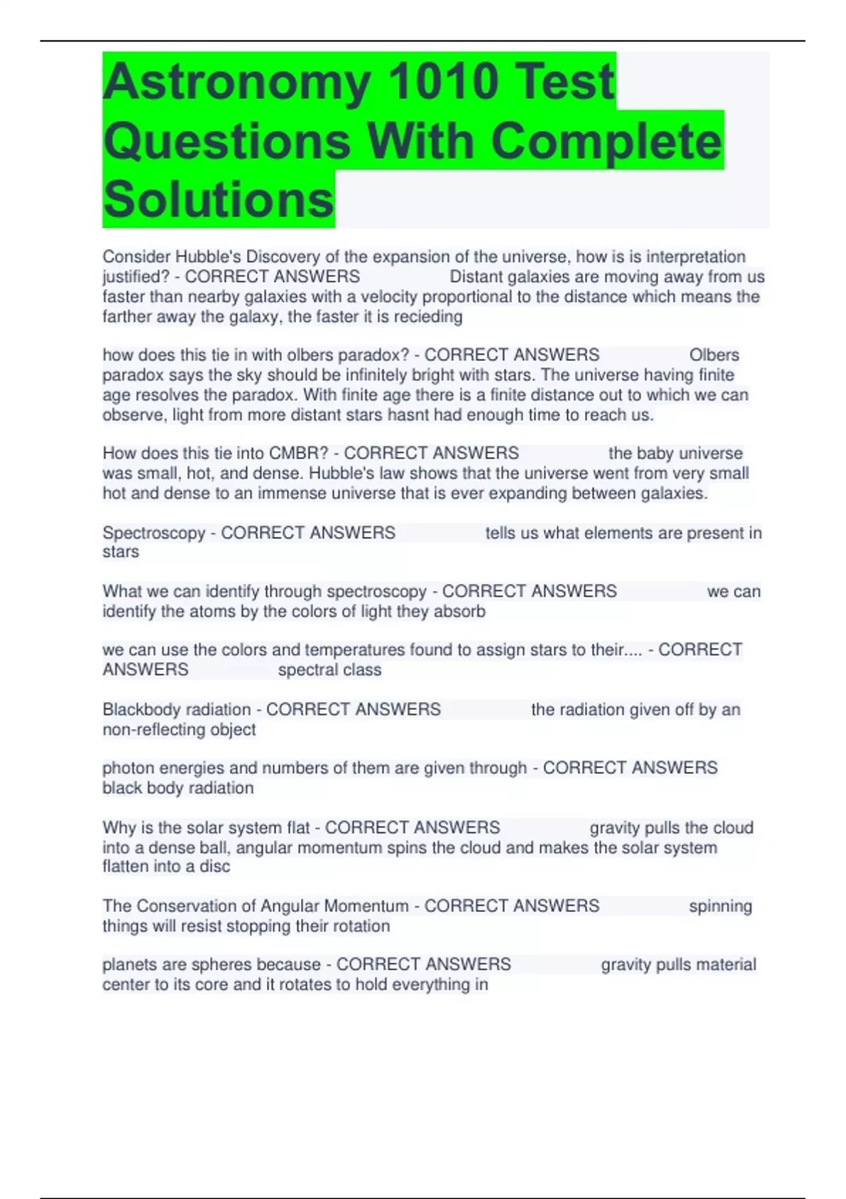 Astronomy 1010 Test Questions With Complete Solutions - Astronomy ...