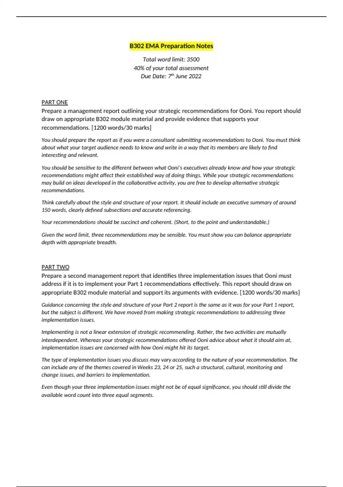 B302 EMA Preparation Notes - B302 Strategic Management (B302) - Stuvia UK