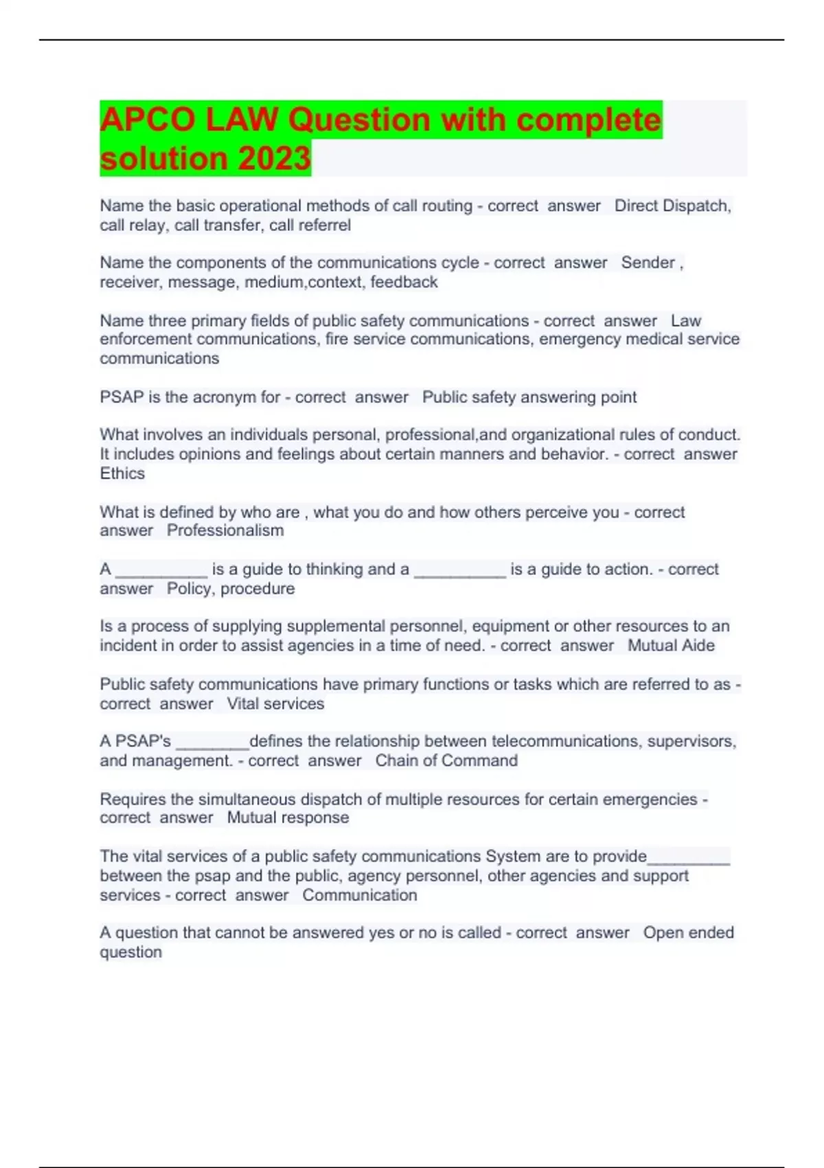 APCO LAW Question with complete solution 2023 - APCO LAW - Stuvia US