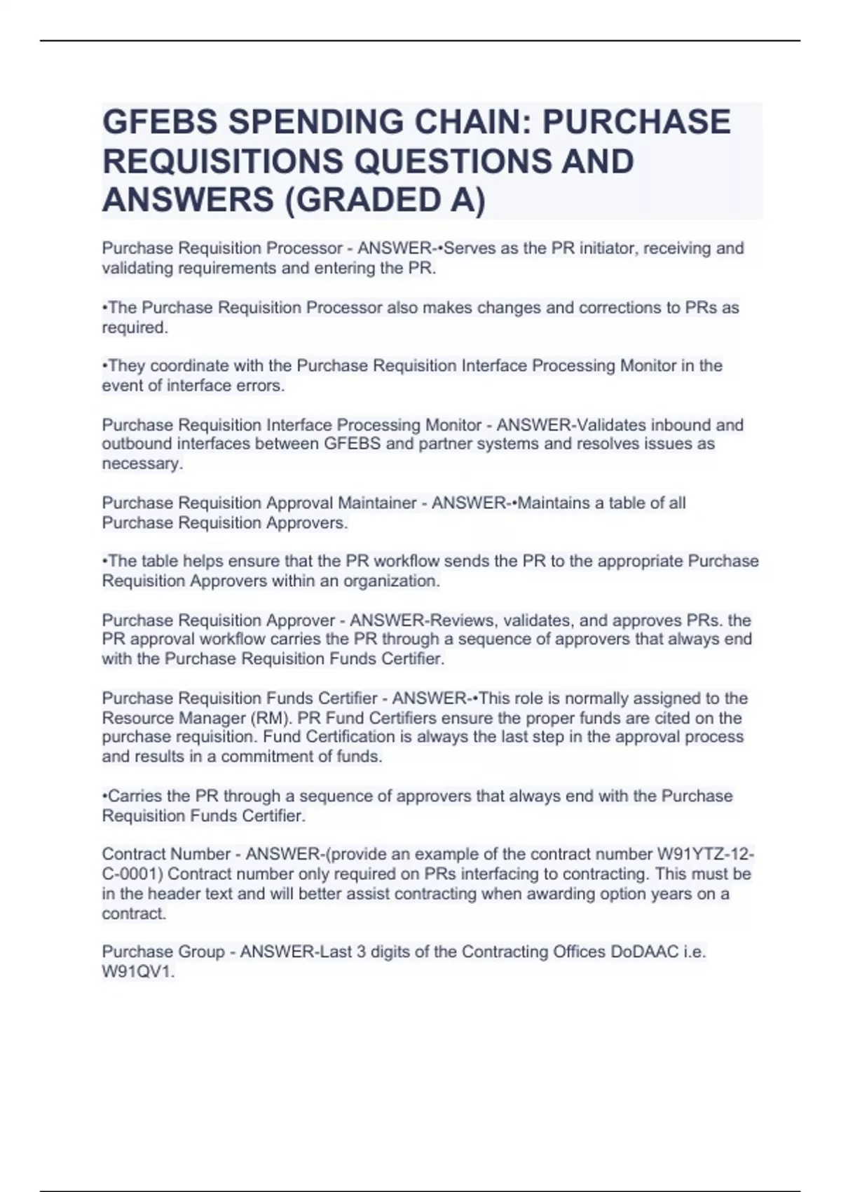 GFEBS SPENDING CHAIN: PURCHASE REQUISITIONS QUESTIONS AND ANSWERS ...