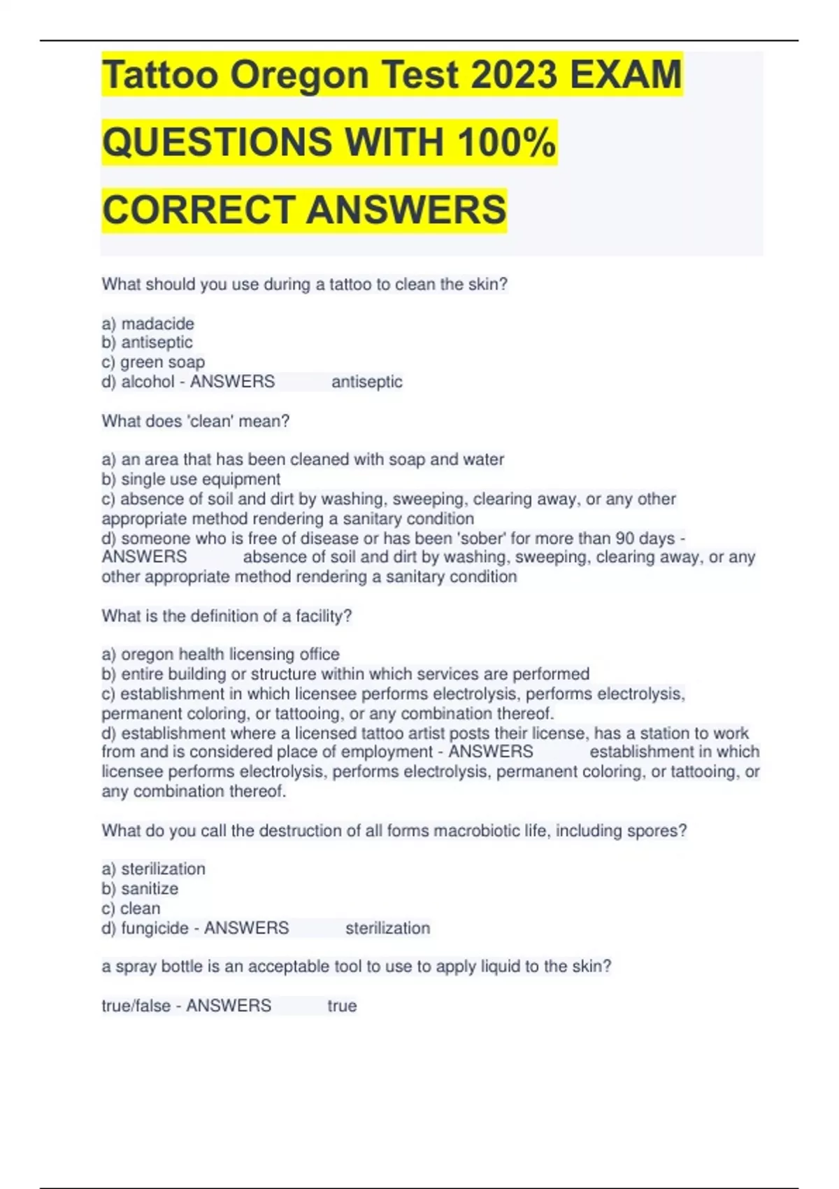 Tattoo Oregon Test 2025 EXAM QUESTIONS WITH 100% CORRECT ANSWERS ...