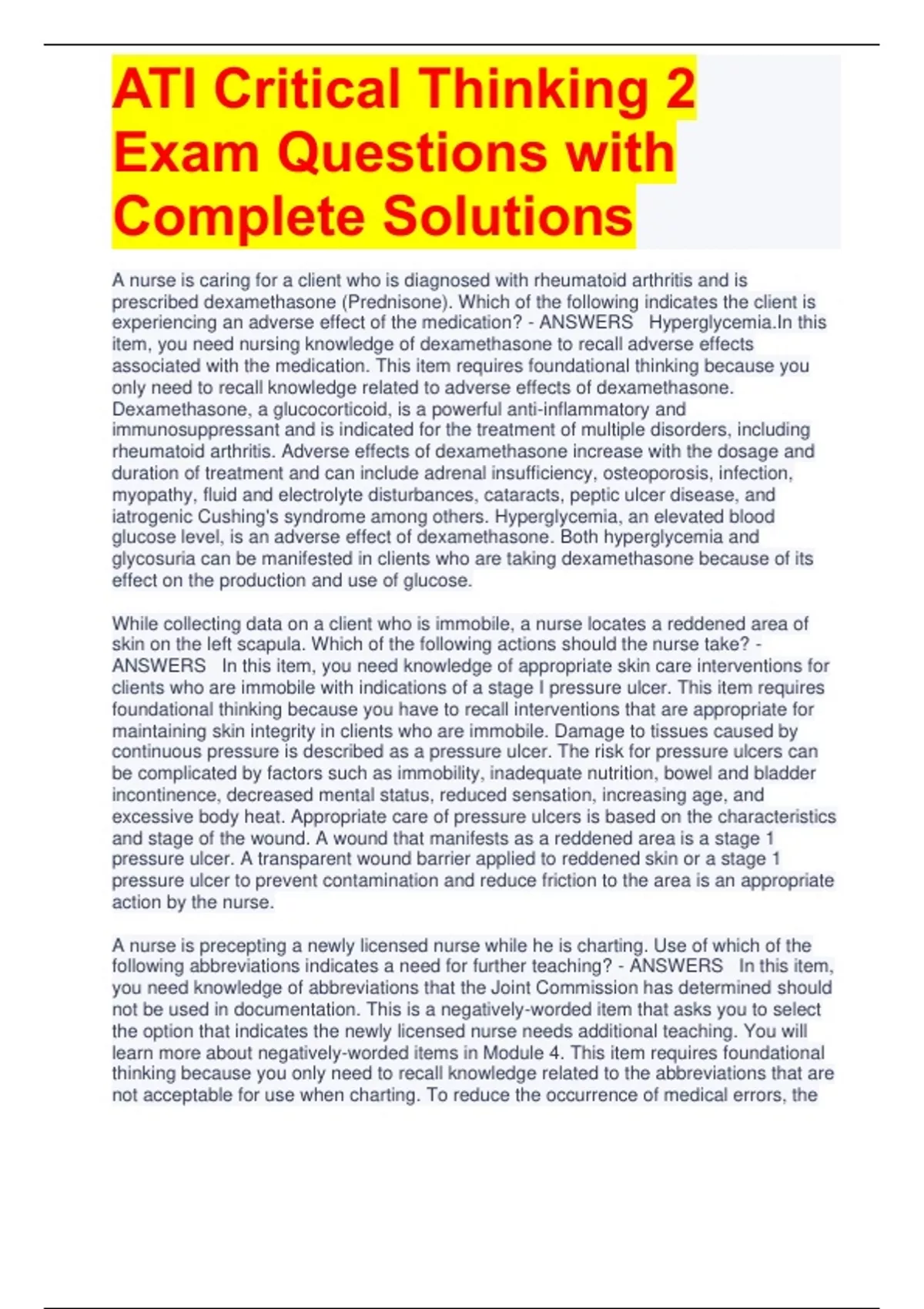 ATI Critical Thinking 2 Exam Questions with Complete Solutions - ATI ...
