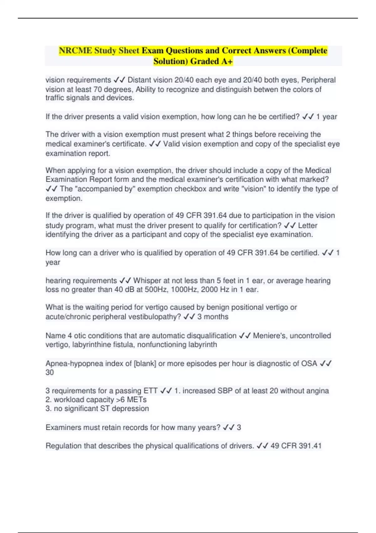 NRCME Study Sheet Exam Questions and Correct Answers (Complete Solution ...