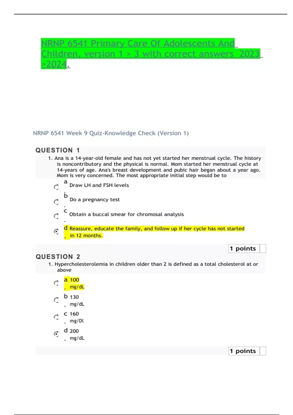 NRNP 6541 Primary Care Of Adolescents And Children, version 1 3 with correct answers 2023 2024 ...