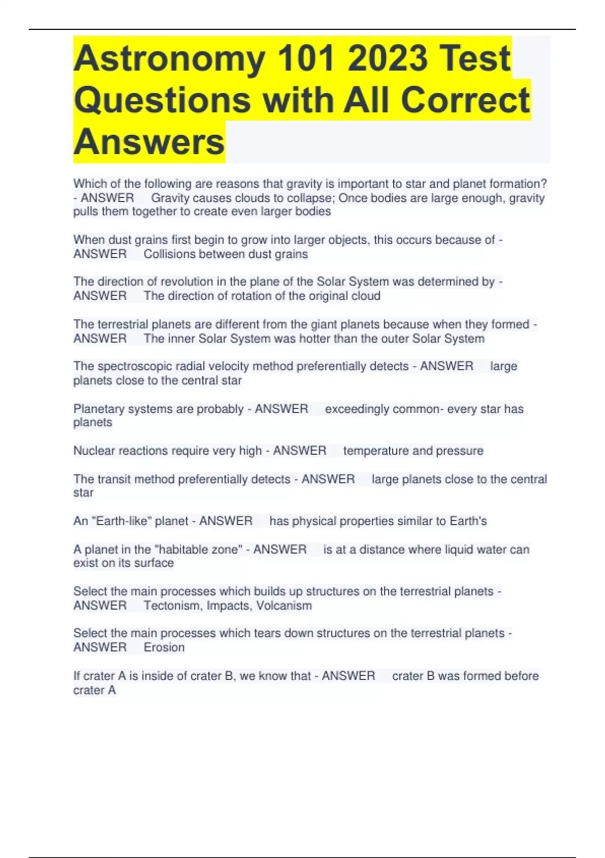 Astronomy 101 2023 Test Questions with All Correct Answers - Astronomy ...