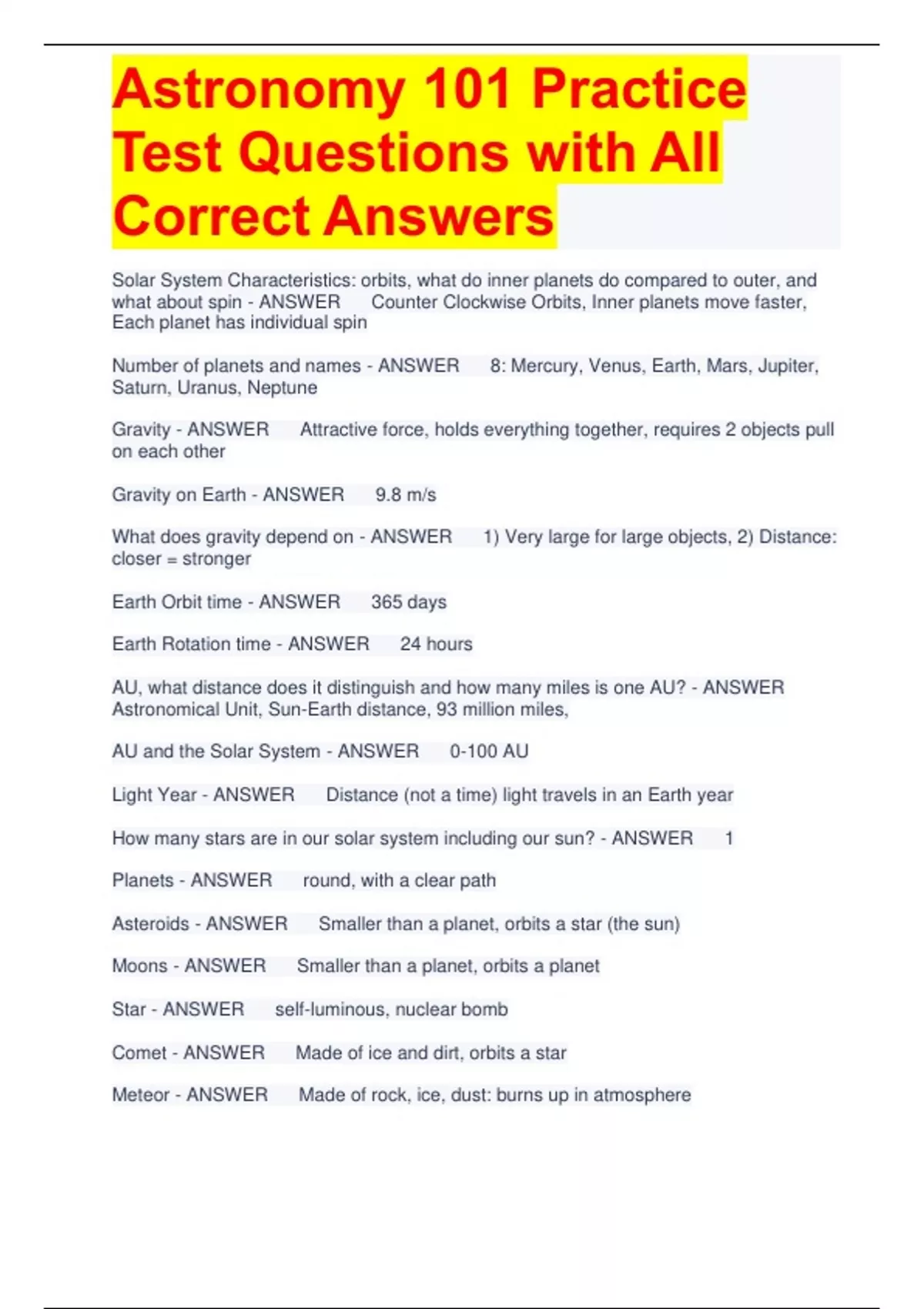 Astronomy 101 Practice Test Questions with All Correct Answers ...