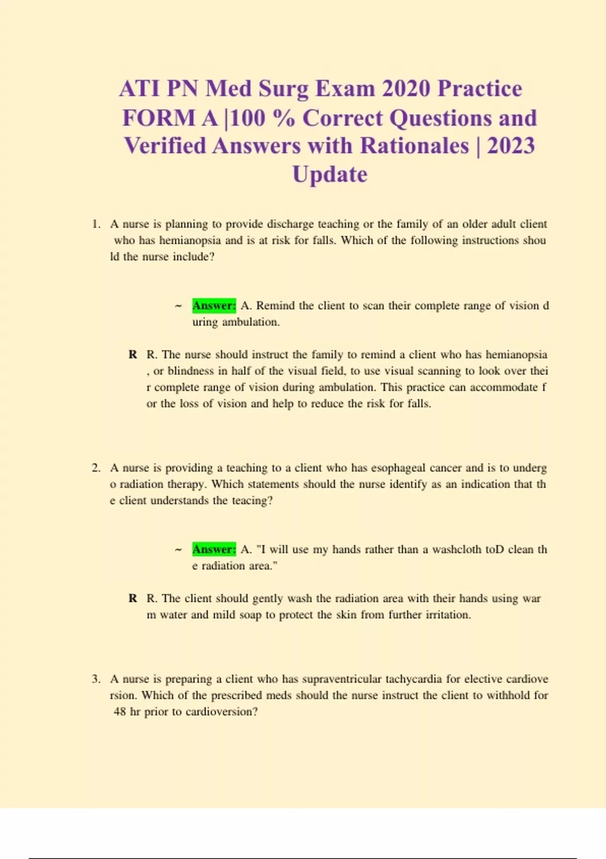 ATI PN Med Surg Exam 2020 Practice FORM A |100 % Correct Questions and ...