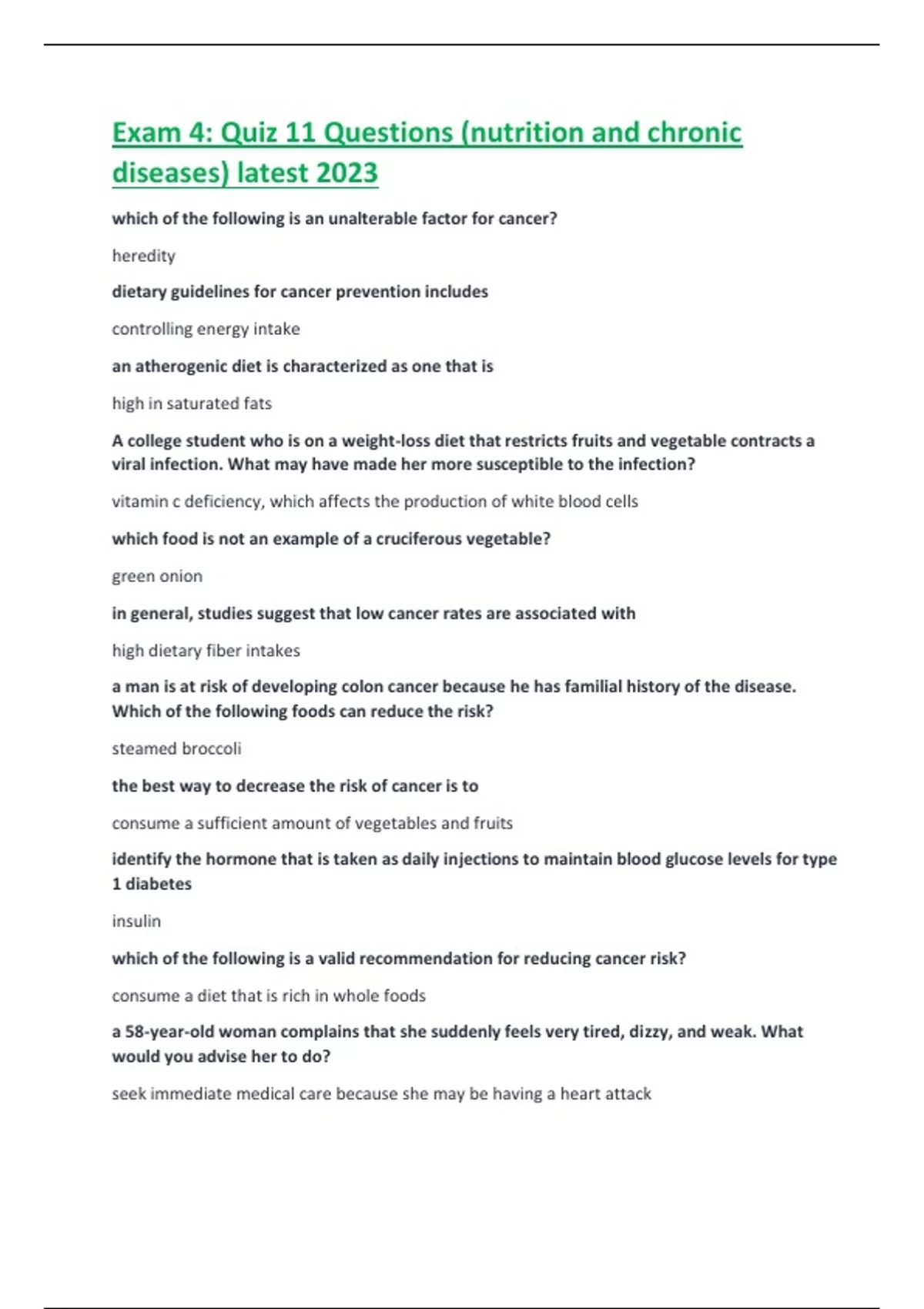 Exam 4 : Quiz 11 Questions (nutrition and chronic diseases) latest 2023 ...