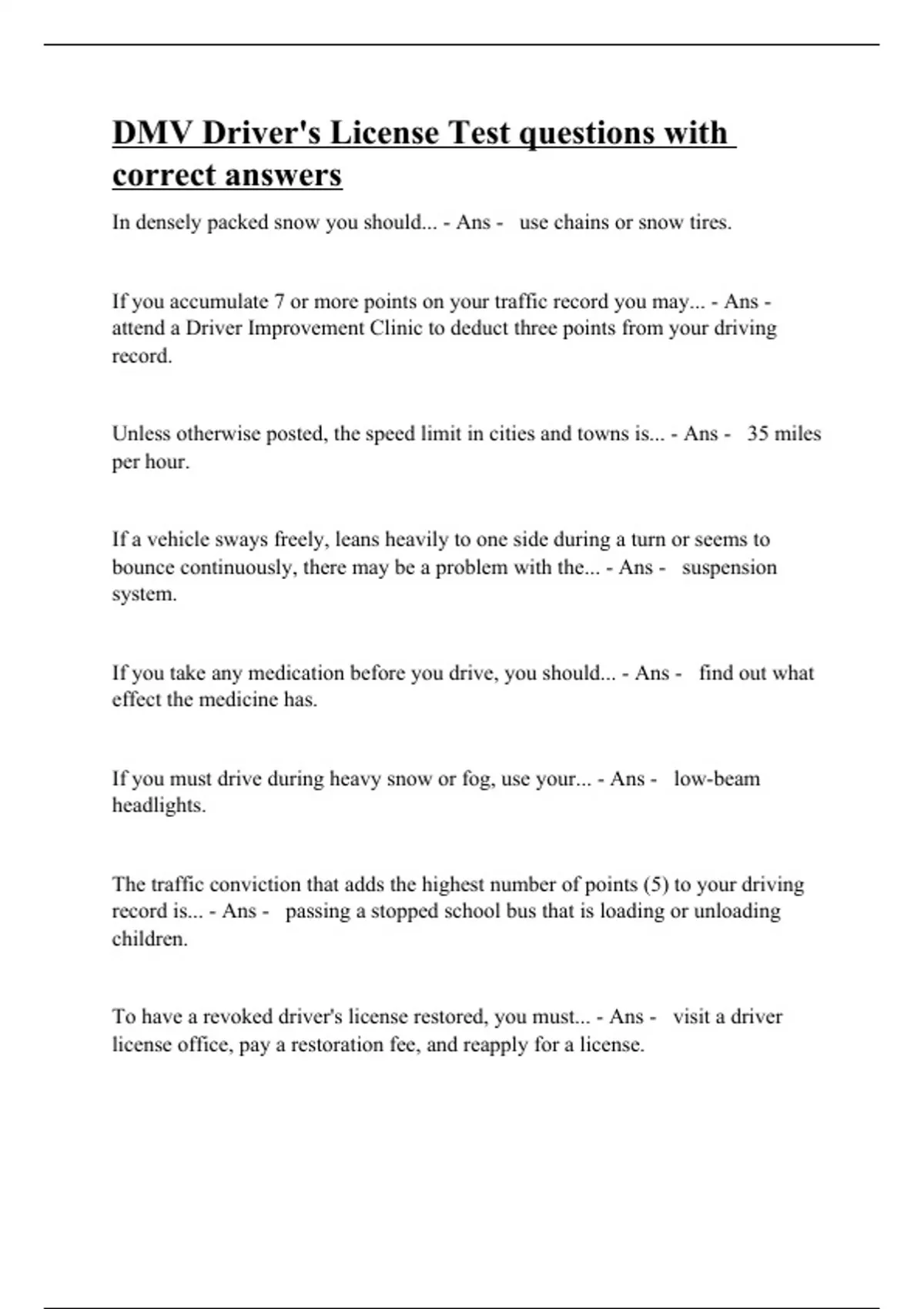 DMV Driver's License Test questions with correct answers - DMV - Stuvia US