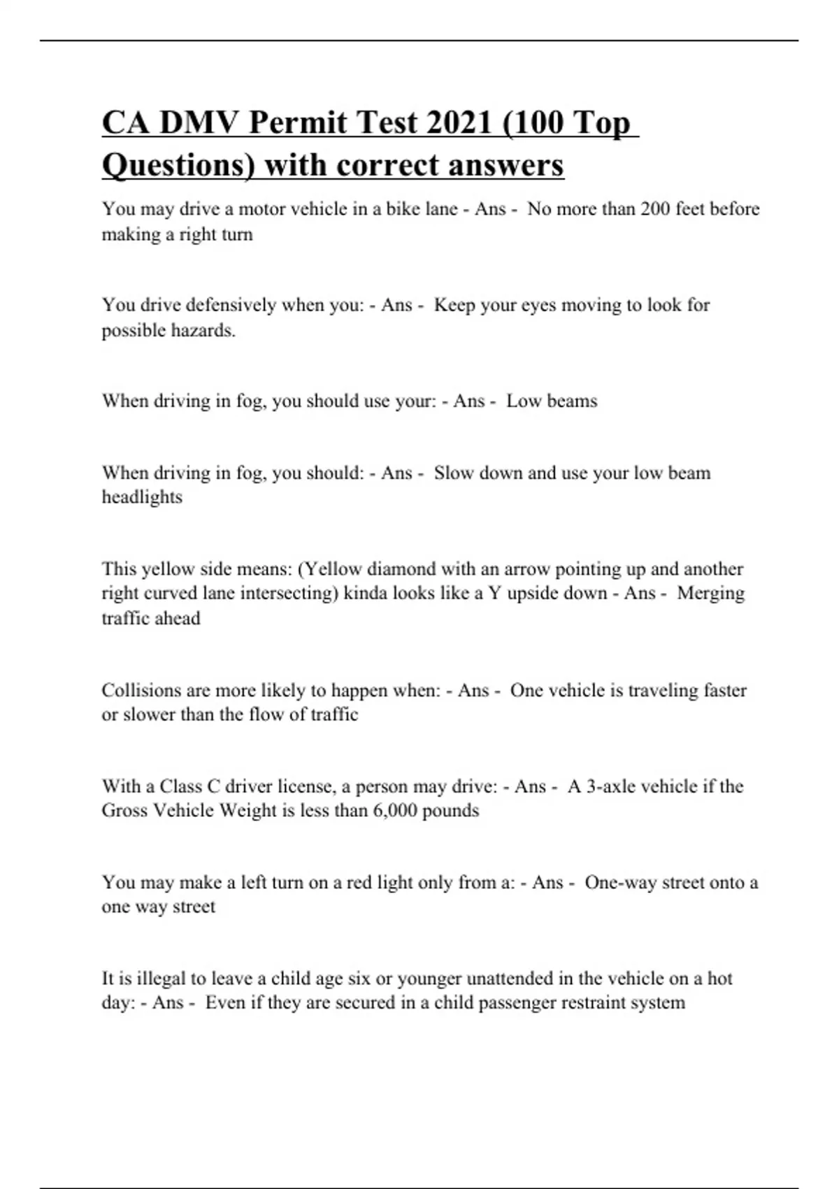 CA DMV Permit Test 2021 (100 Top Questions) with correct answers - CA ...