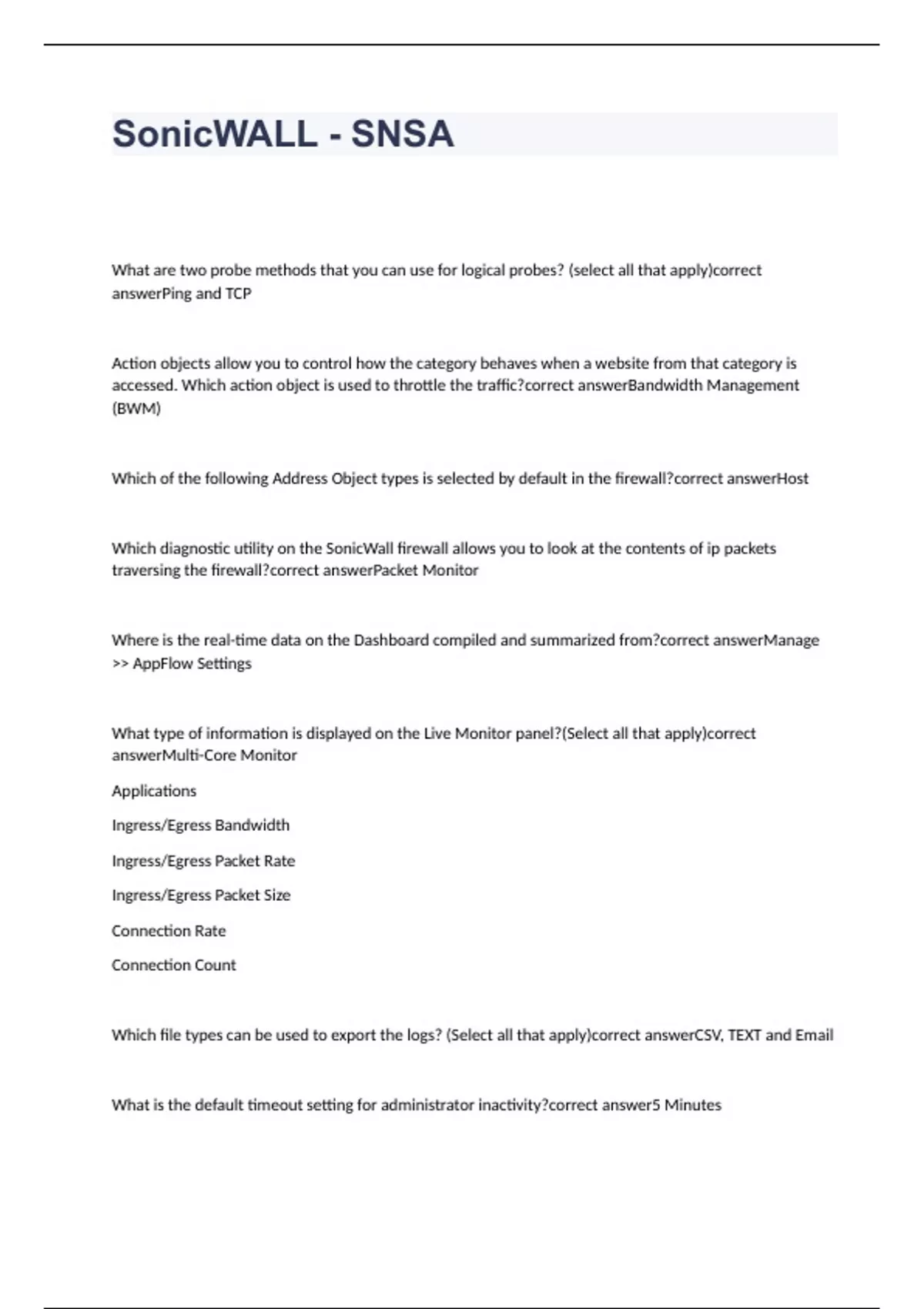 SonicWALL - SNSA exam 2023 practice questions with 100% correct answers - Sonicwall - Stuvia US