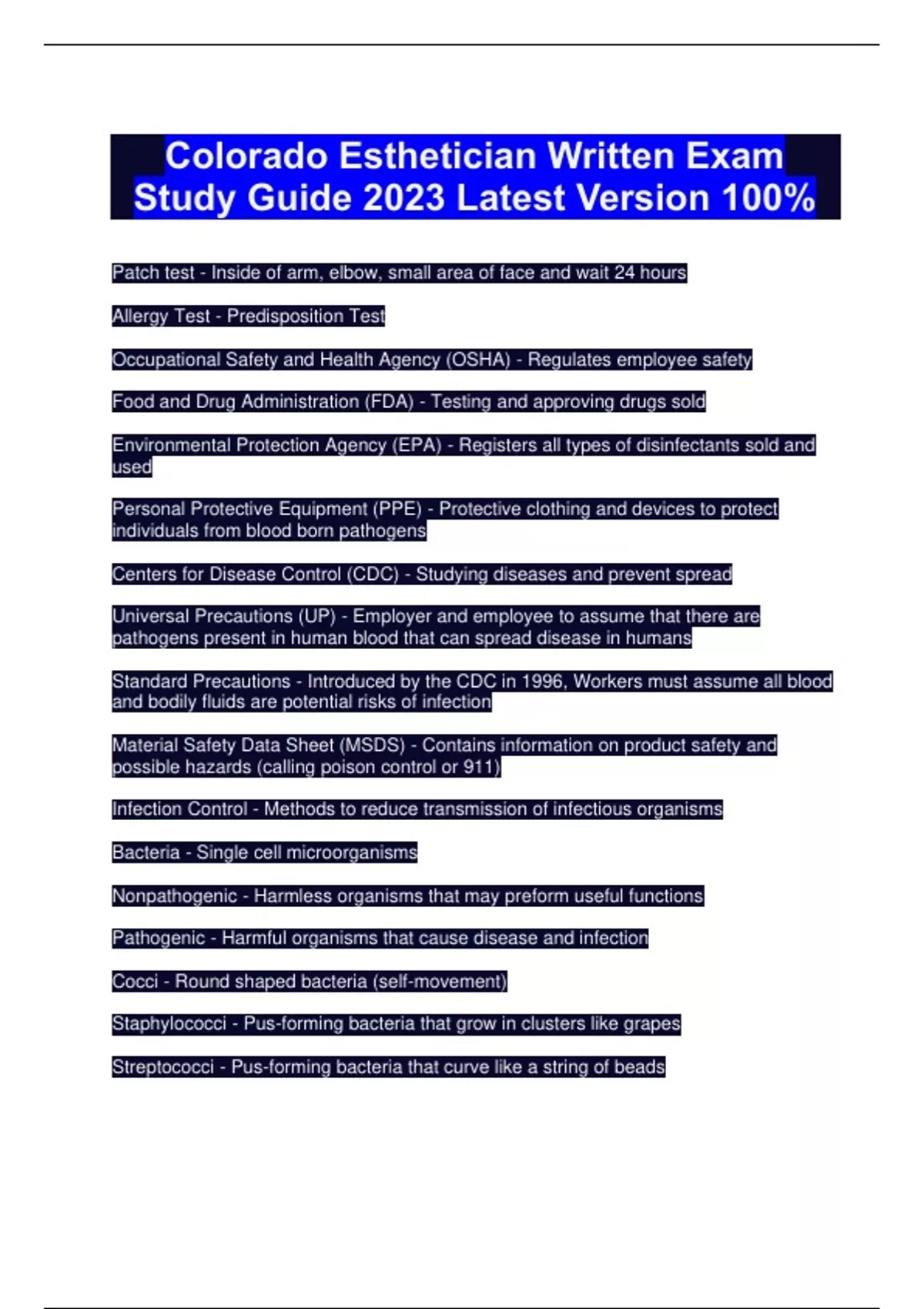 Colorado Esthetician Written Exam Study Guide 2023 Latest Version 100% ...