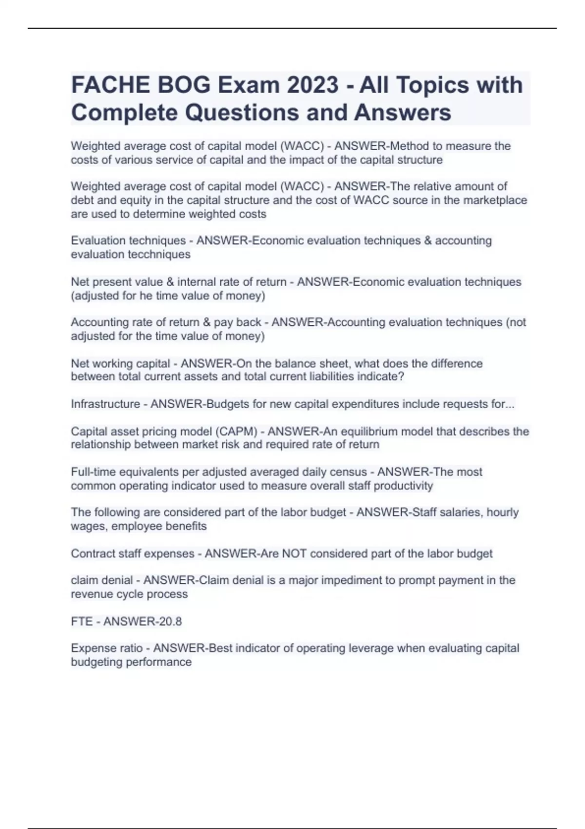 FACHE BOG Exam 2023 - All Topics with Complete Questions and ...