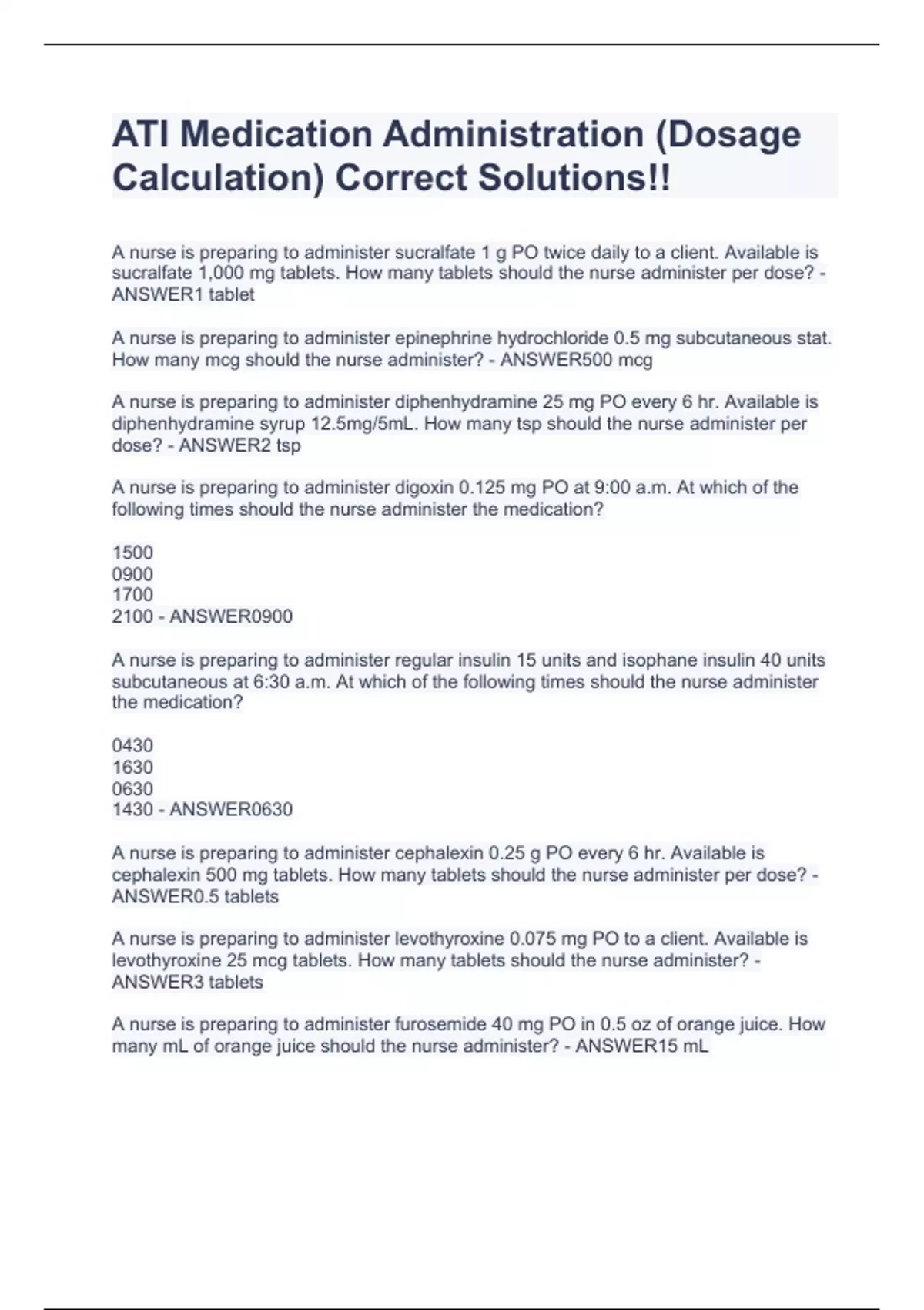 ATI Medication Administration (Dosage Calculation) Correct Solutions ...