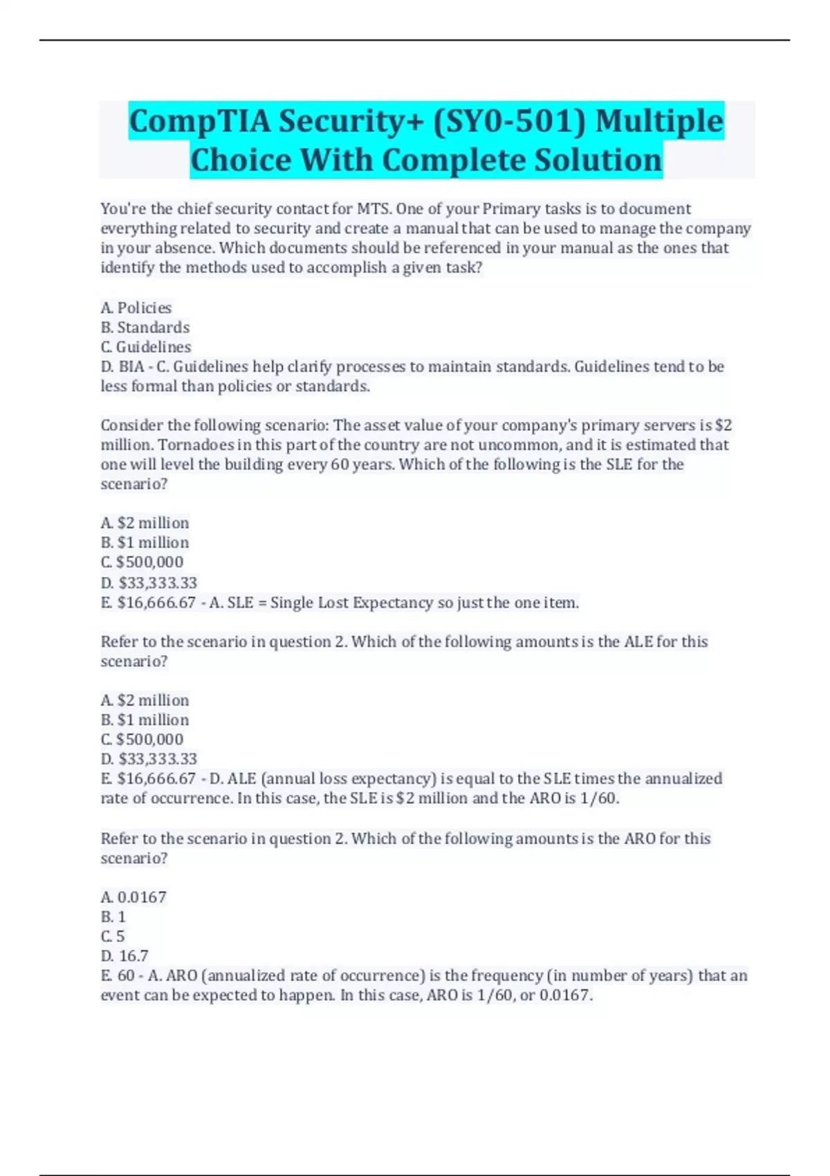 CompTIA Security+ (SY0-501) Multiple Choice With Complete Solution ...