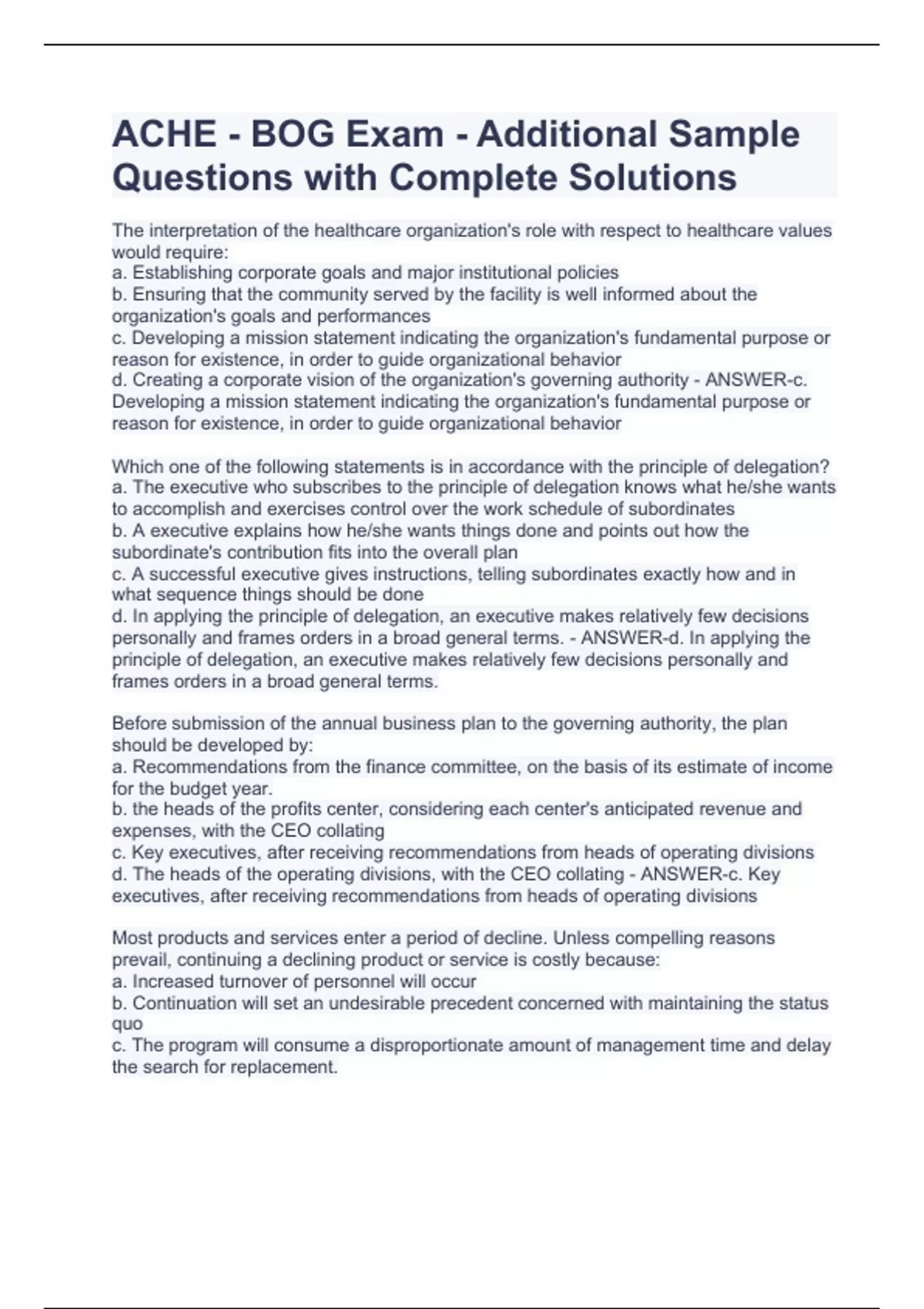 ACHE - BOG Exam - Additional Sample Questions with Complete Solutions ...