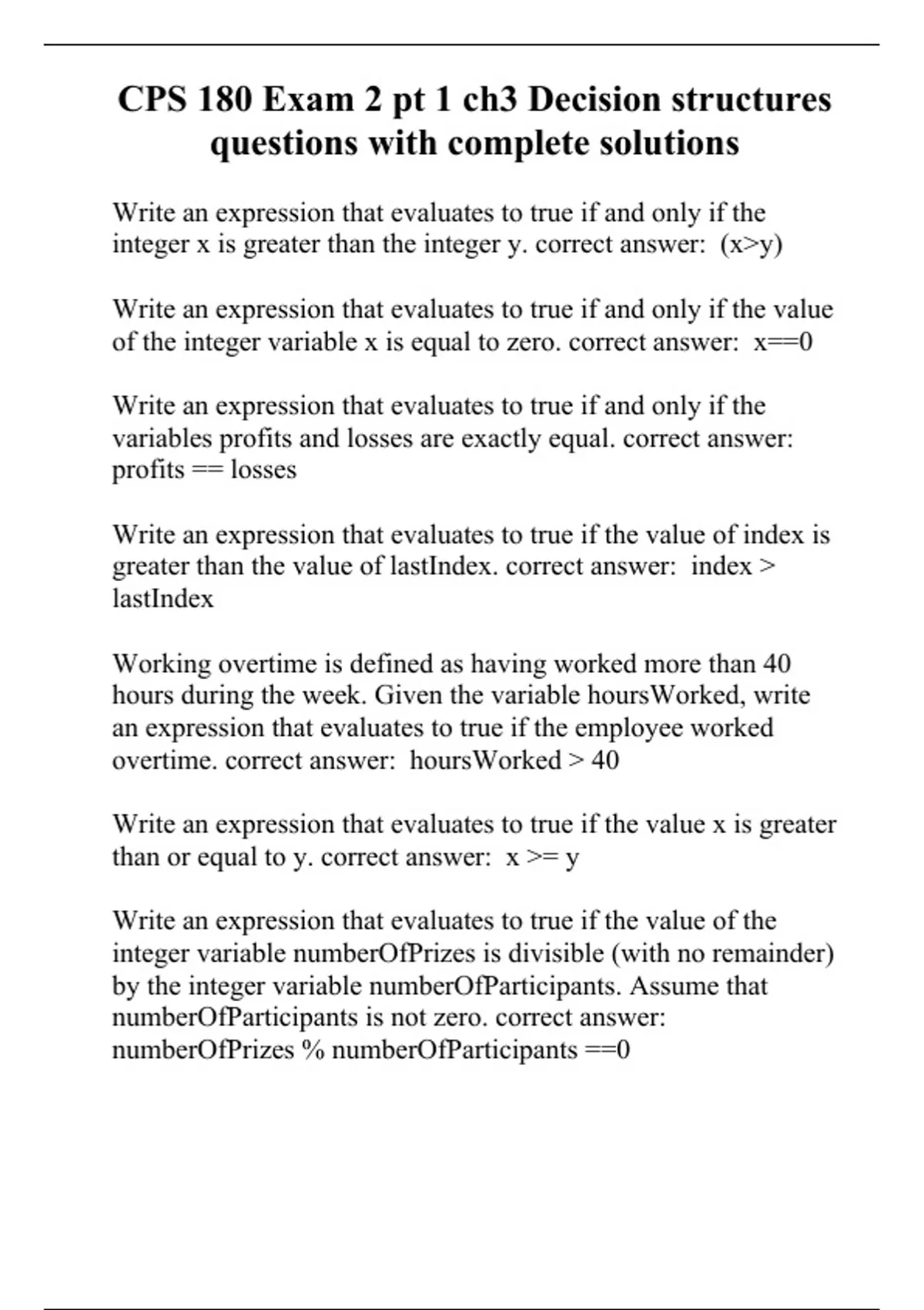 CPS 180 Exam 2 pt 1 ch3 Decision structures questions with complete ...