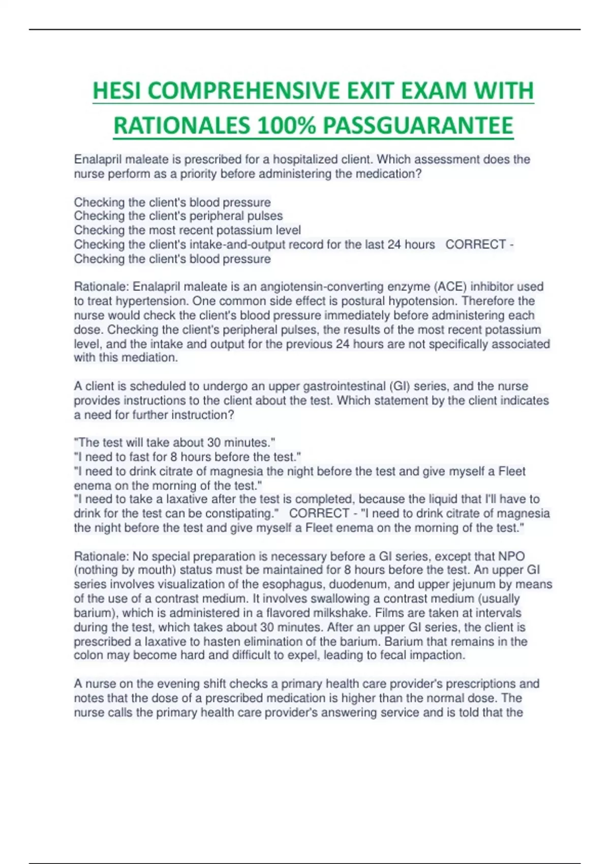 HESI COMPREHENSIVE EXIT EXAM WITH RATIONALES 100% PASS GUARANTEE 2023 ...