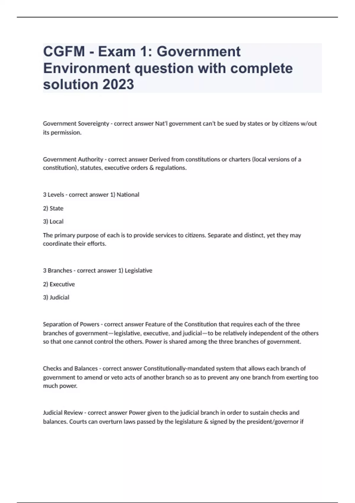 CGFM - Exam 1: Government Environment question with complete solution ...