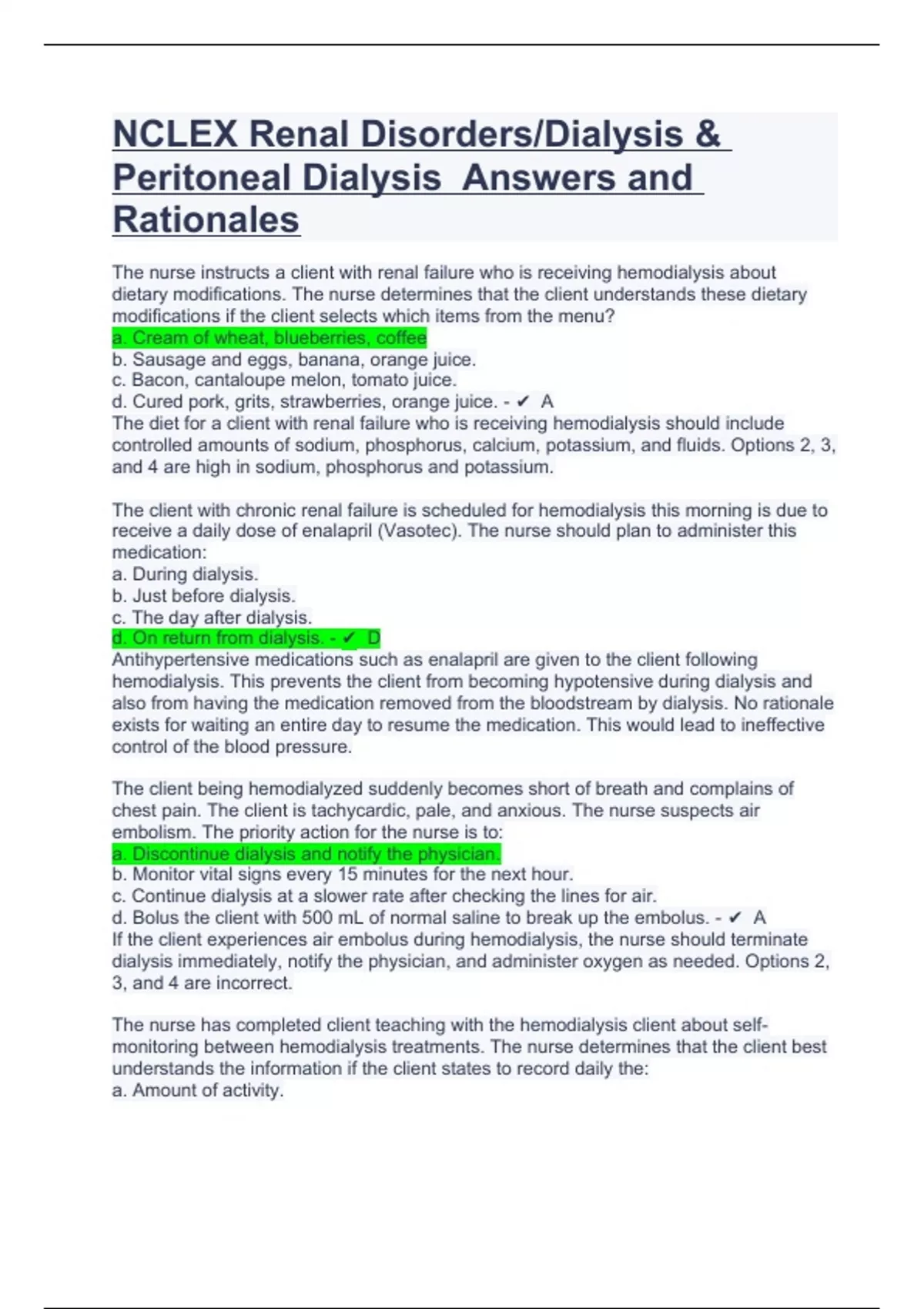 NCLEX Renal Disorders Dialysis Peritoneal Dialysis Answers and ...