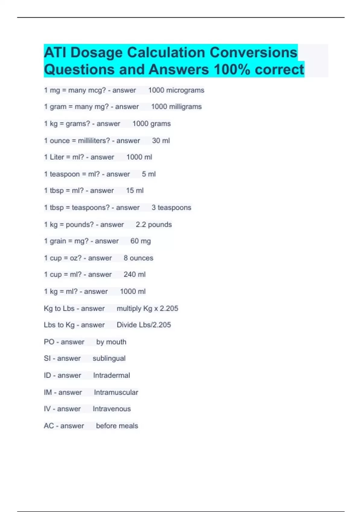 ATI Dosage Calculation Conversions Questions and Answers 100% correct ...