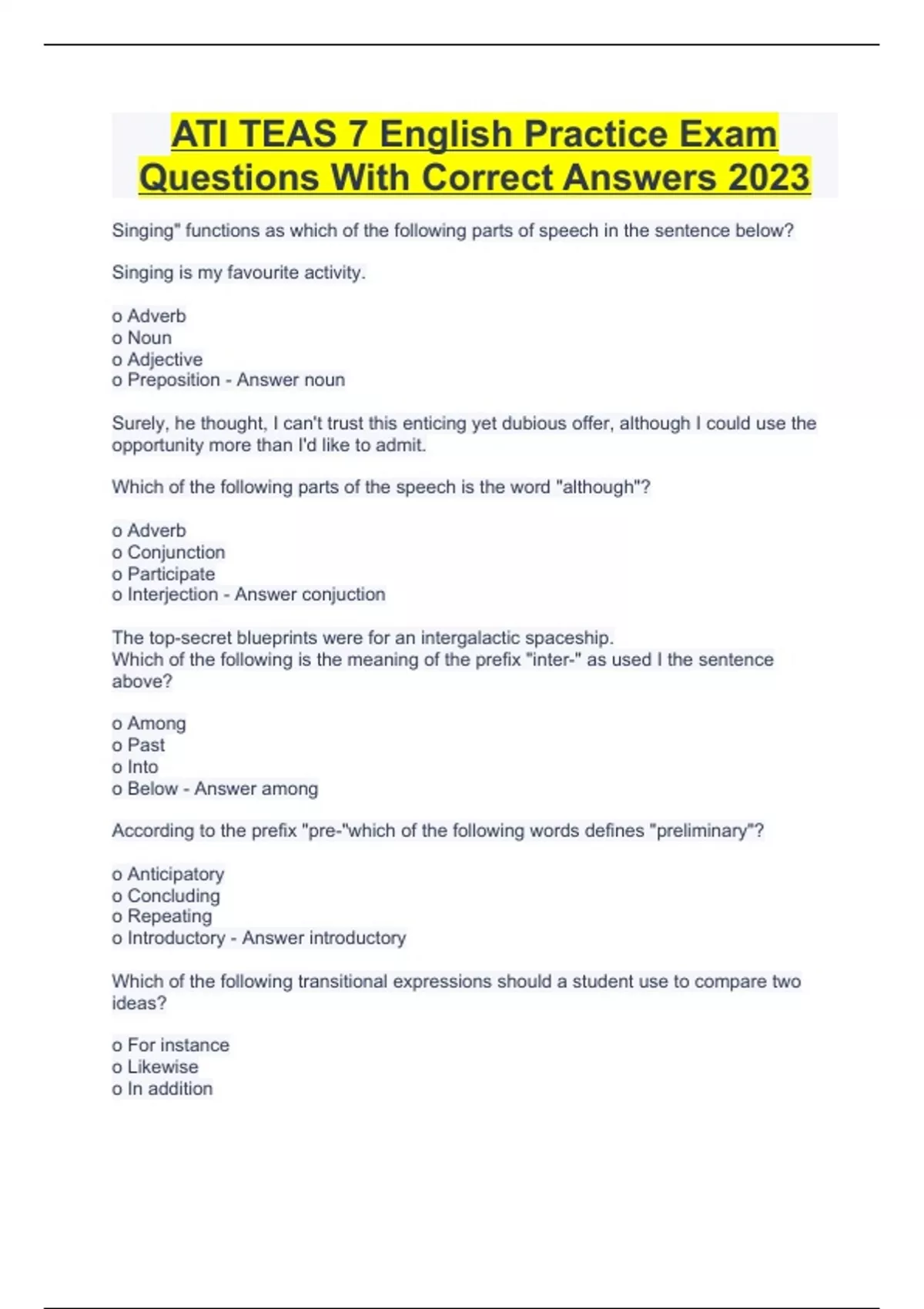 ATI TEAS 7 English Practice Exam Questions With Correct Answers 2023 ...