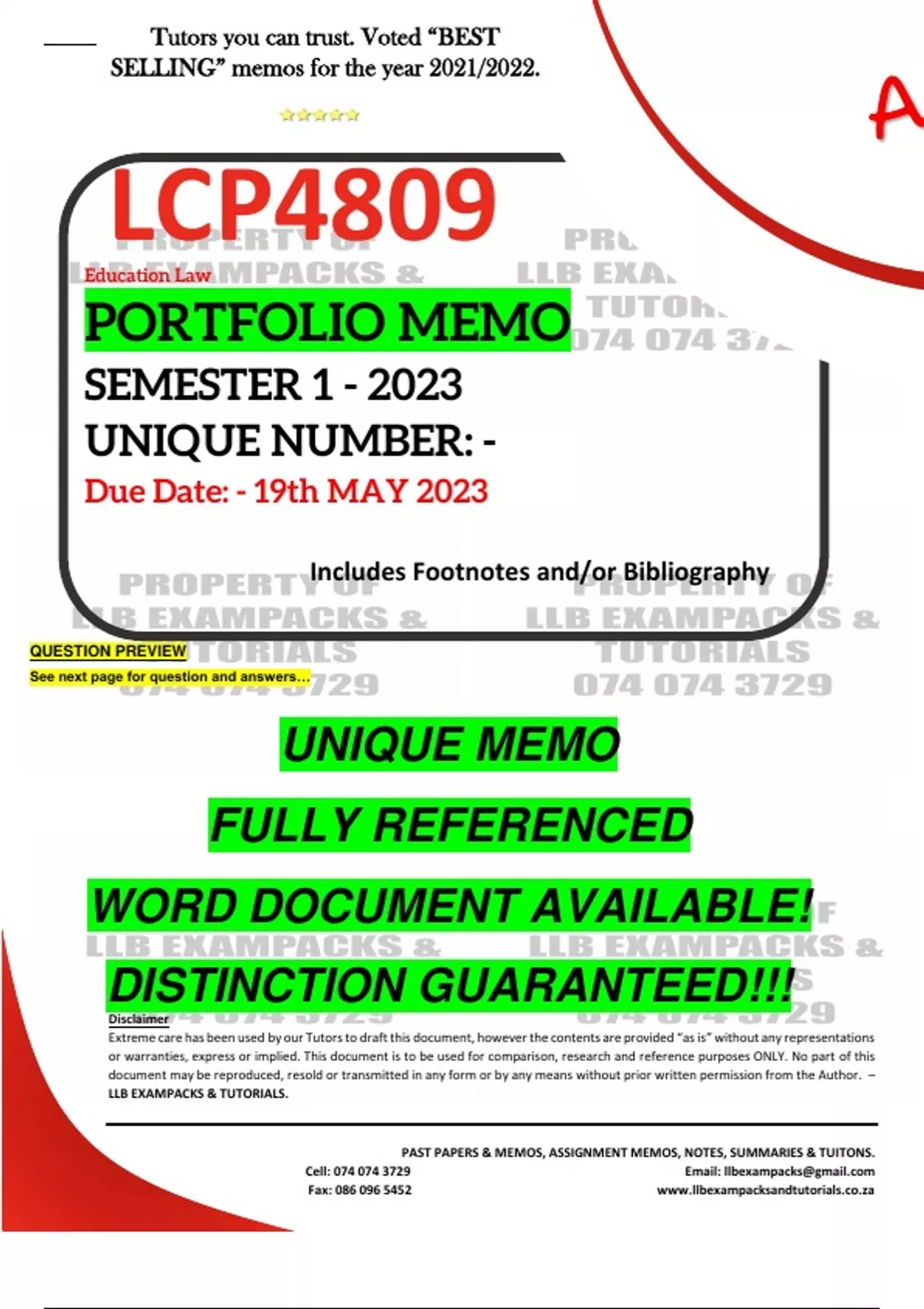 LCP4809 PORTFOLIO MEMO - MAY/JUNE 2023 - SEMESTER 1 - UNISA (DETAILED ...
