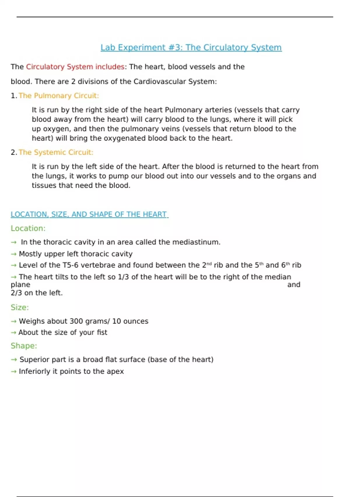 Lab Experiment #3: The Circulatory System - BIO232 - Stuvia US