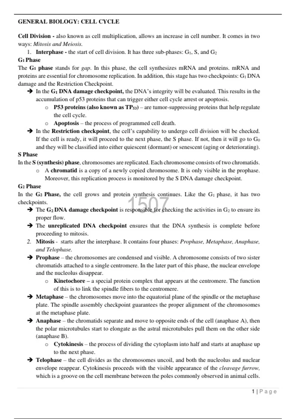 Class notes in Biology (): Cell Cycle - Biology - Stuvia US