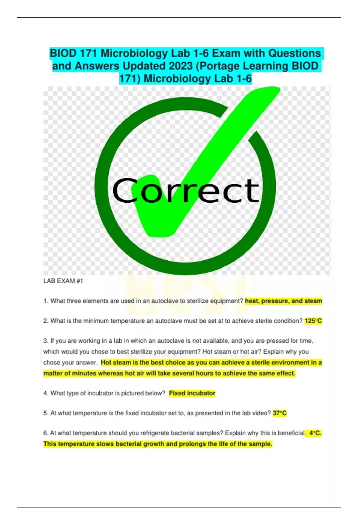 BIOD 171 Microbiology Lab 1-6 Exam with Questions and Answers Updated ...
