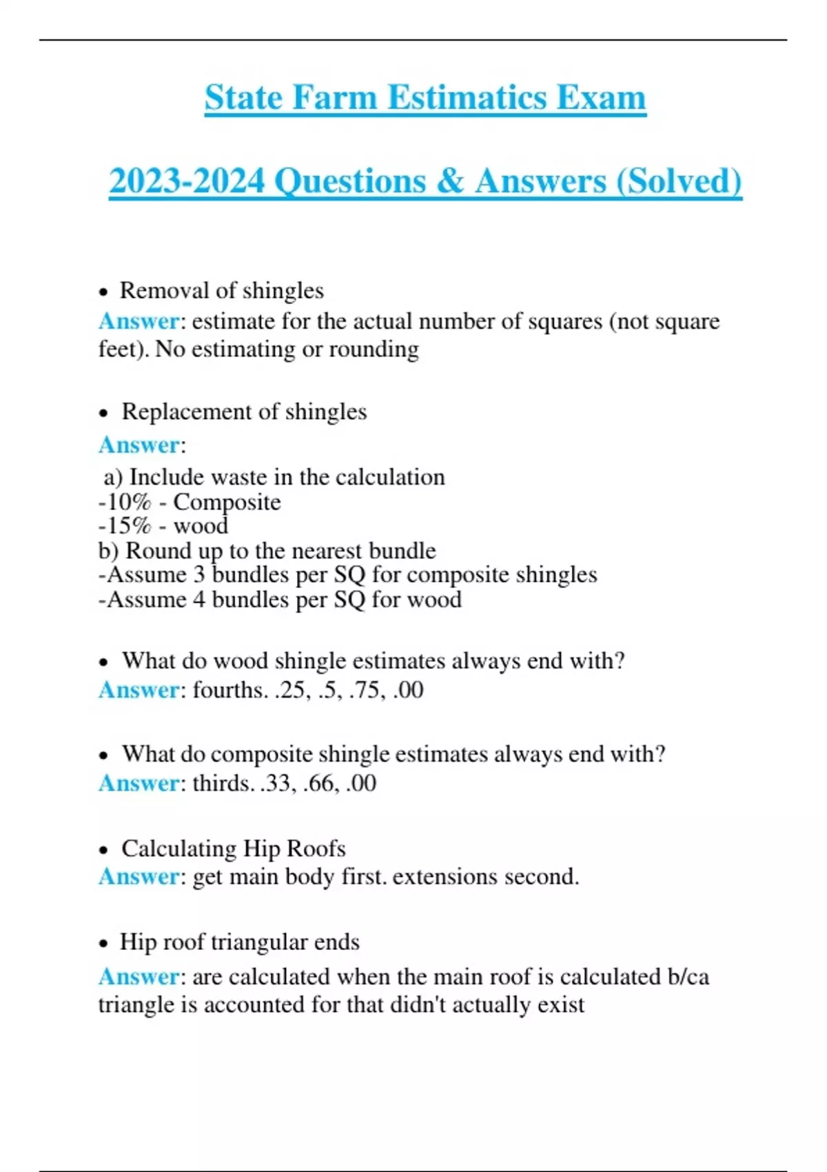 State Farm Estimatics Exam Questions & Answers (Solved) - State Farm ...