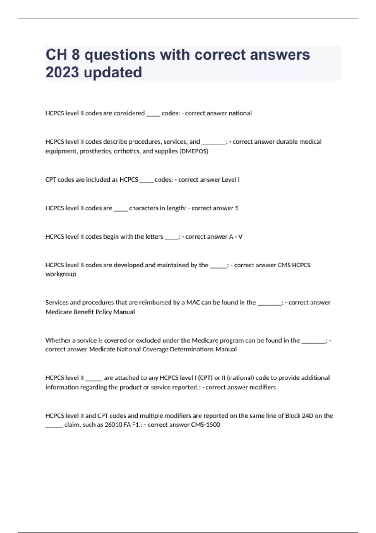 CH 8 questions with correct answers 2023 updated - Hcpcs - Stuvia US