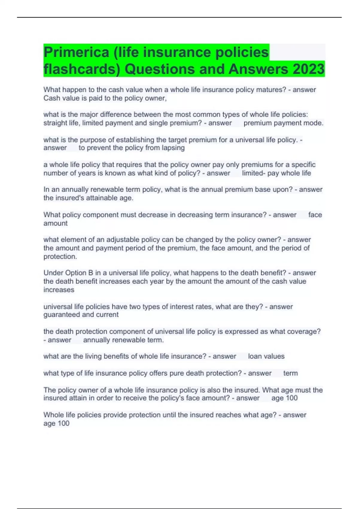 Primerica (life insurance policies flashcards) Questions and Answers ...