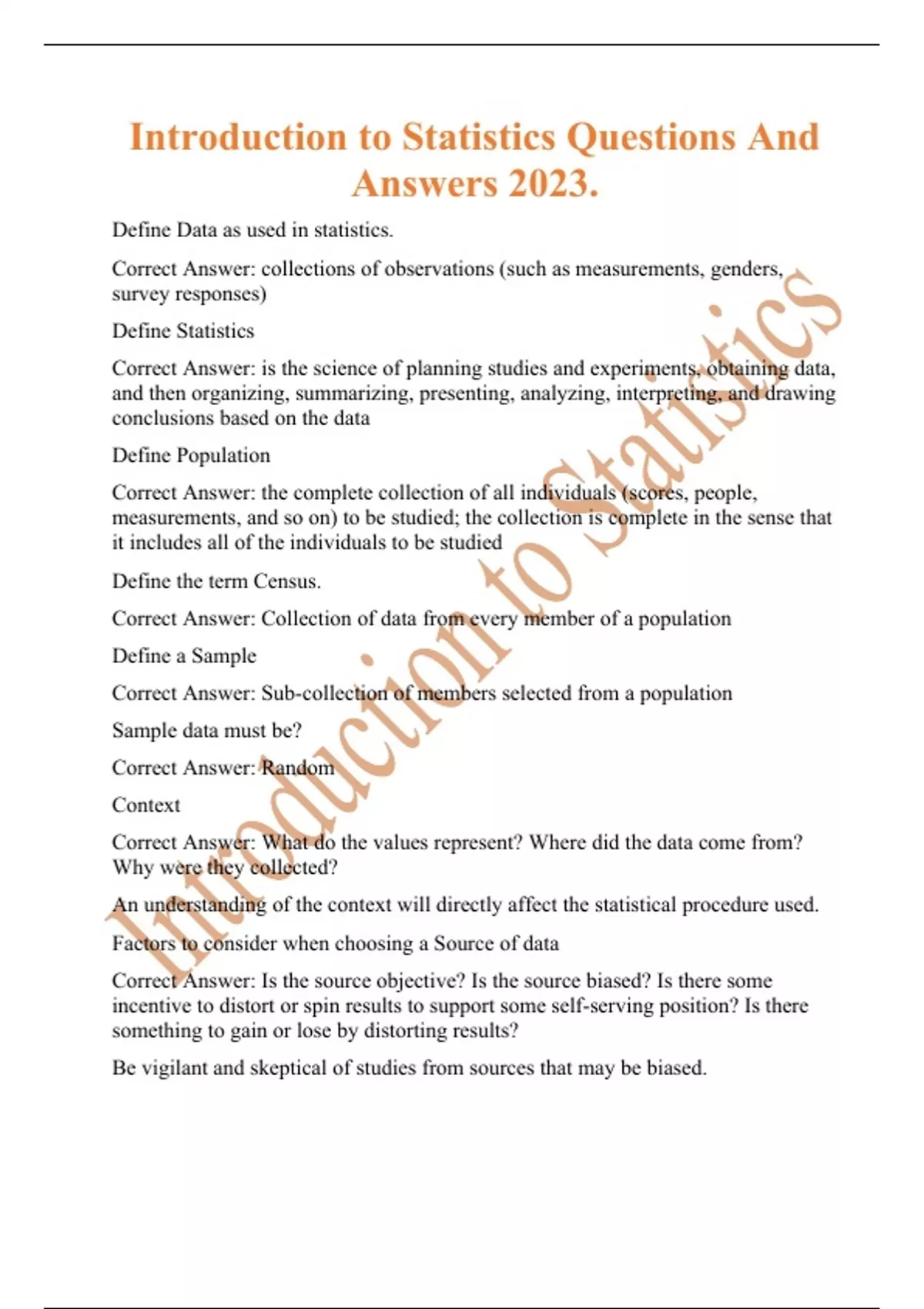 Introduction to Statistics - Introduction to Statistics - Stuvia US