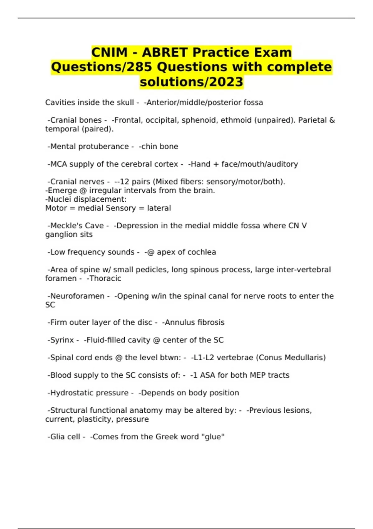 CNIM - ABRET Practice Exam Questions/285 Questions with complete ...