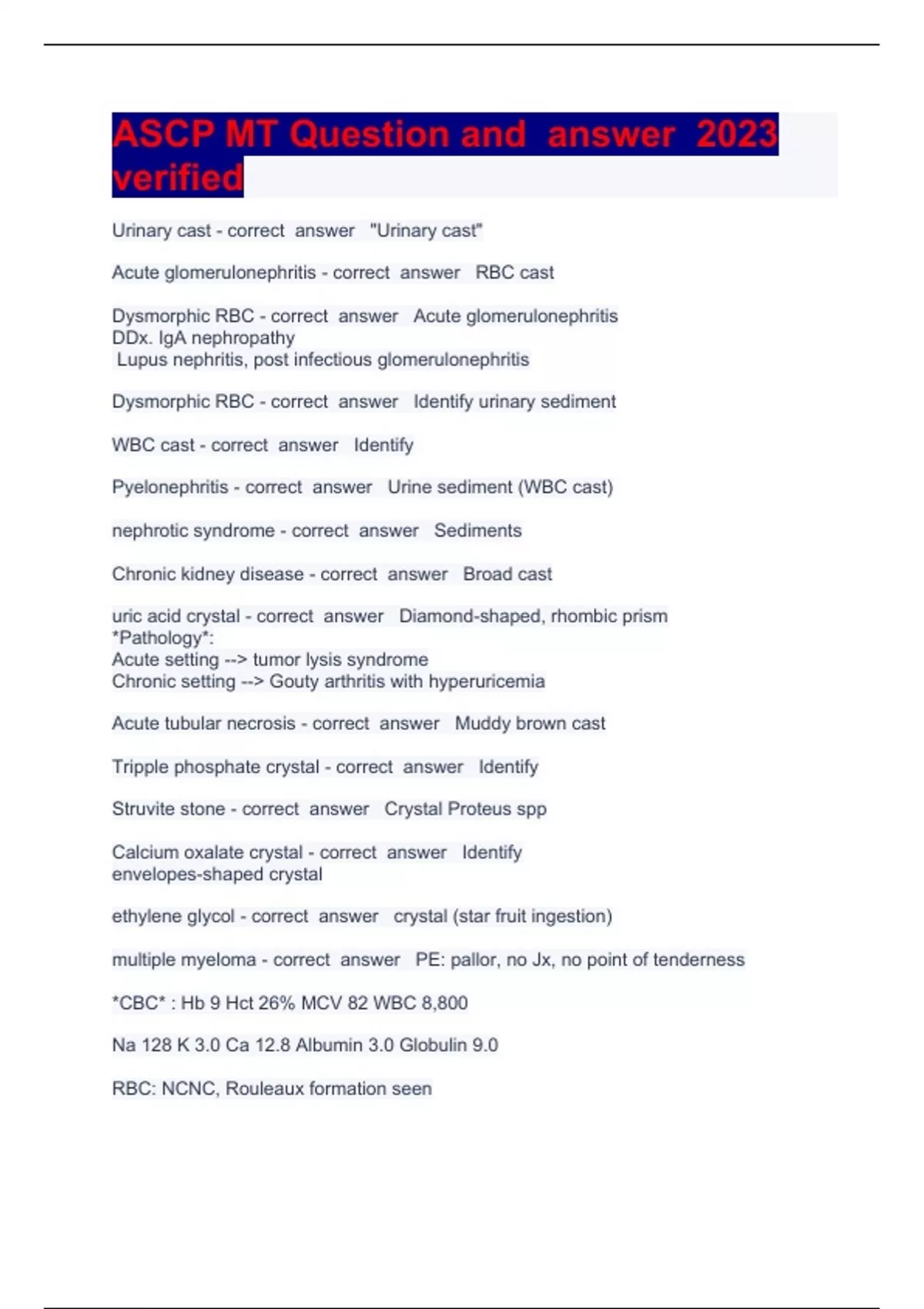 ASCP MT Question and answer 2023 verified - ASCP MT - Stuvia US